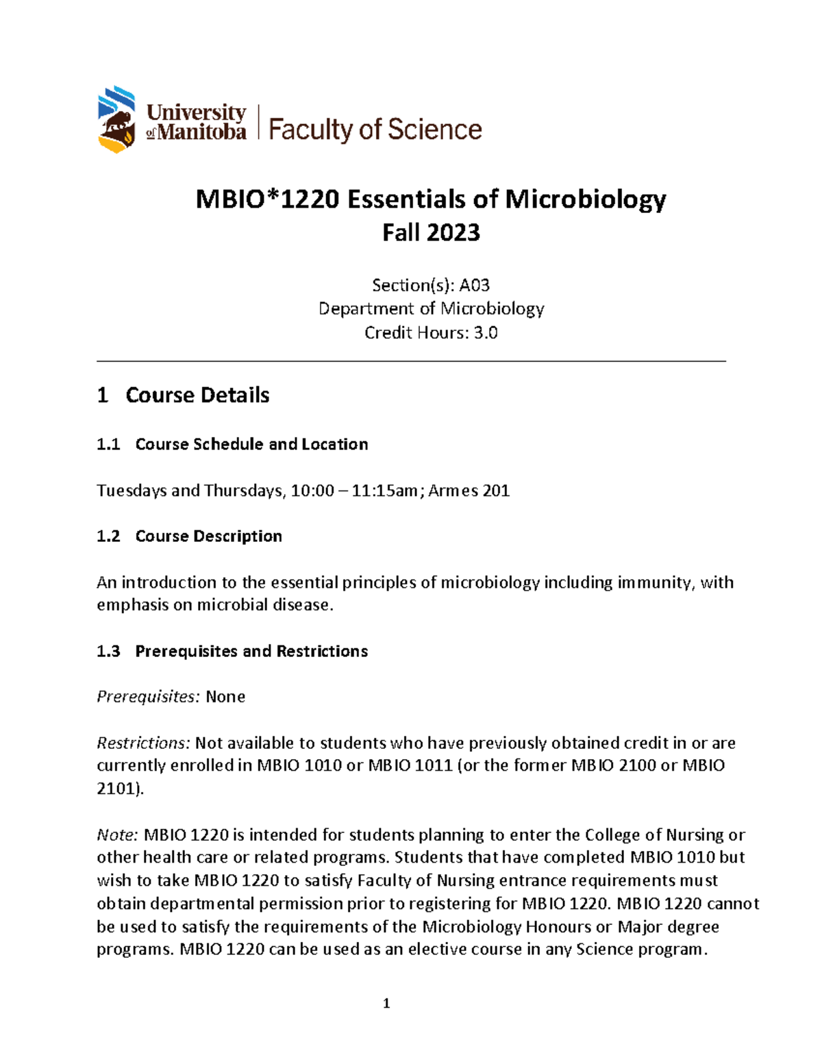 Microbiology Course Outline - MBIO* 1220 Essentials of Microbiology ...