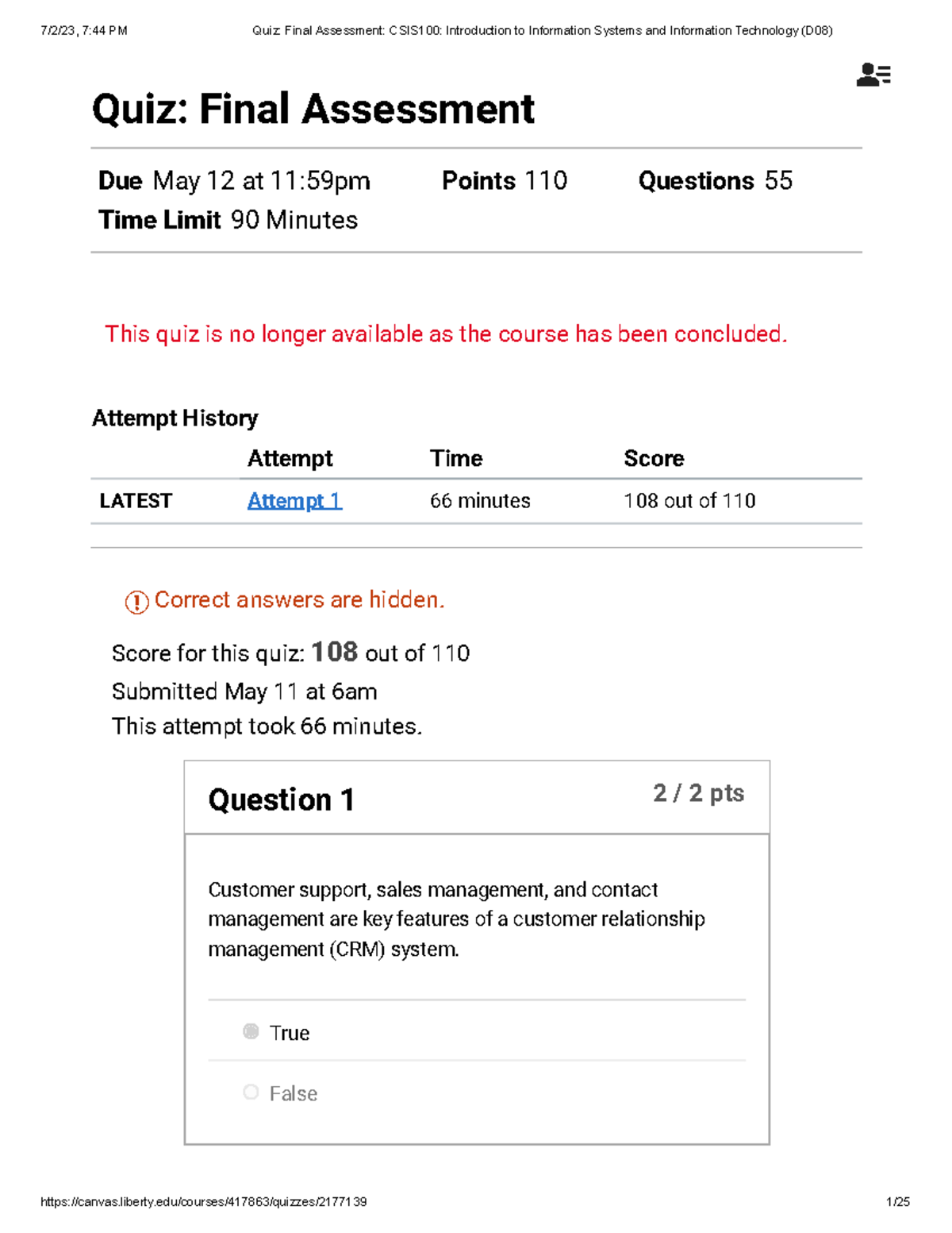 Quiz Final Assessment CSIS100 Introduction to Information Systems and Information Technology ...