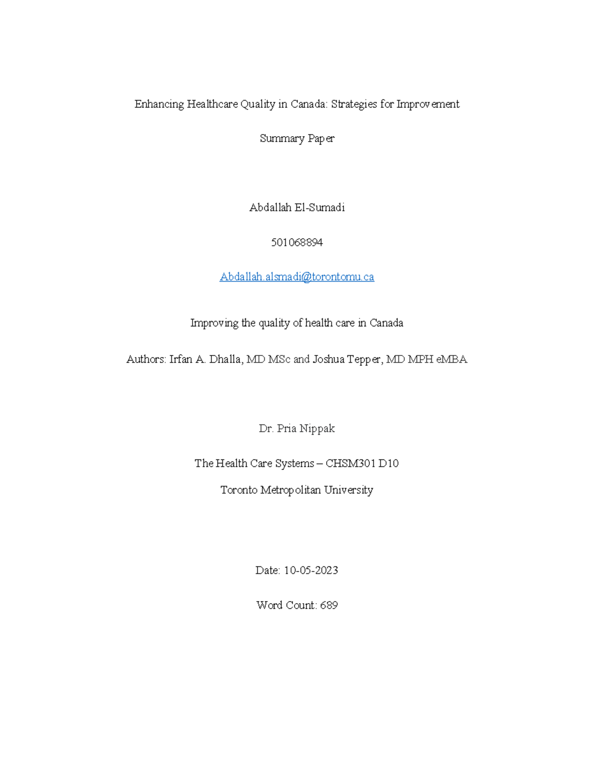 Article Summary - Paper project for the CHSM301 - Enhancing Healthcare ...