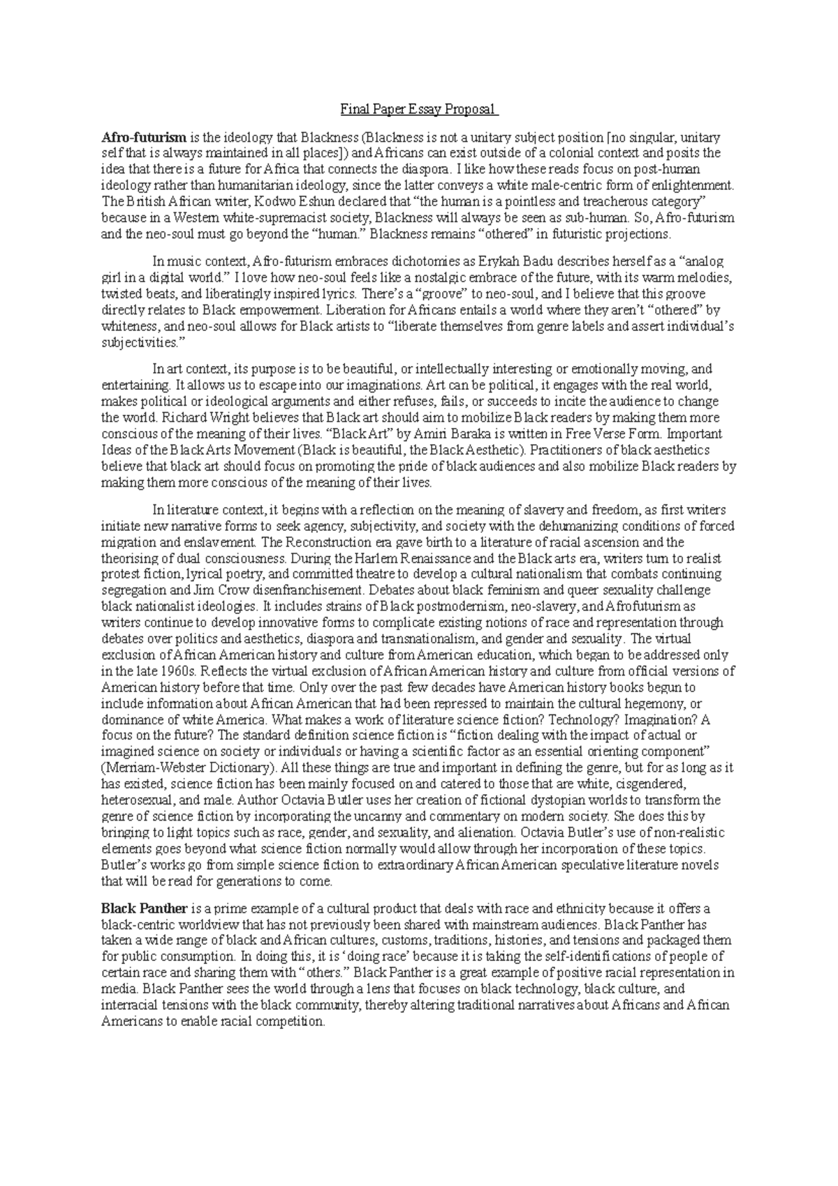 Final Paper Prompt - Final Paper Essay Proposal Afro-futurism is the ...