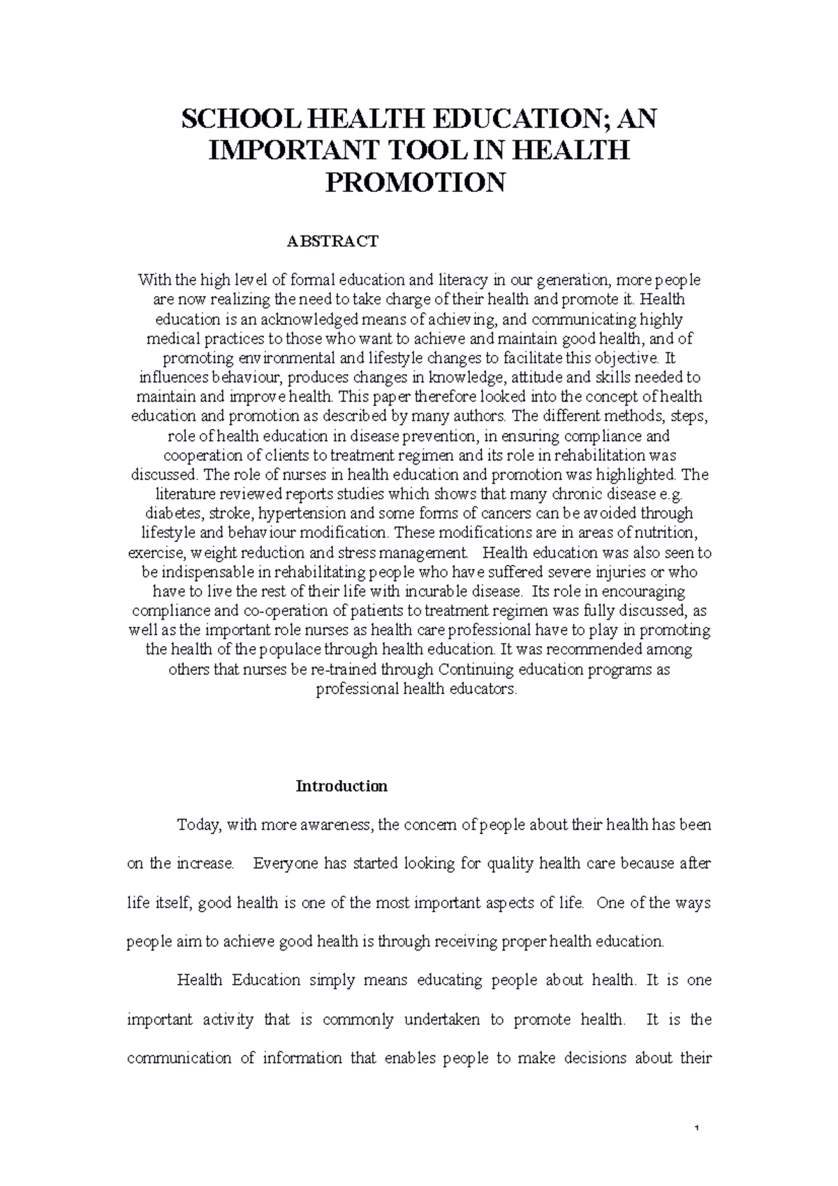 School health education - SCHOOL HEALTH EDUCATION; AN IMPORTANT TOOL IN ...