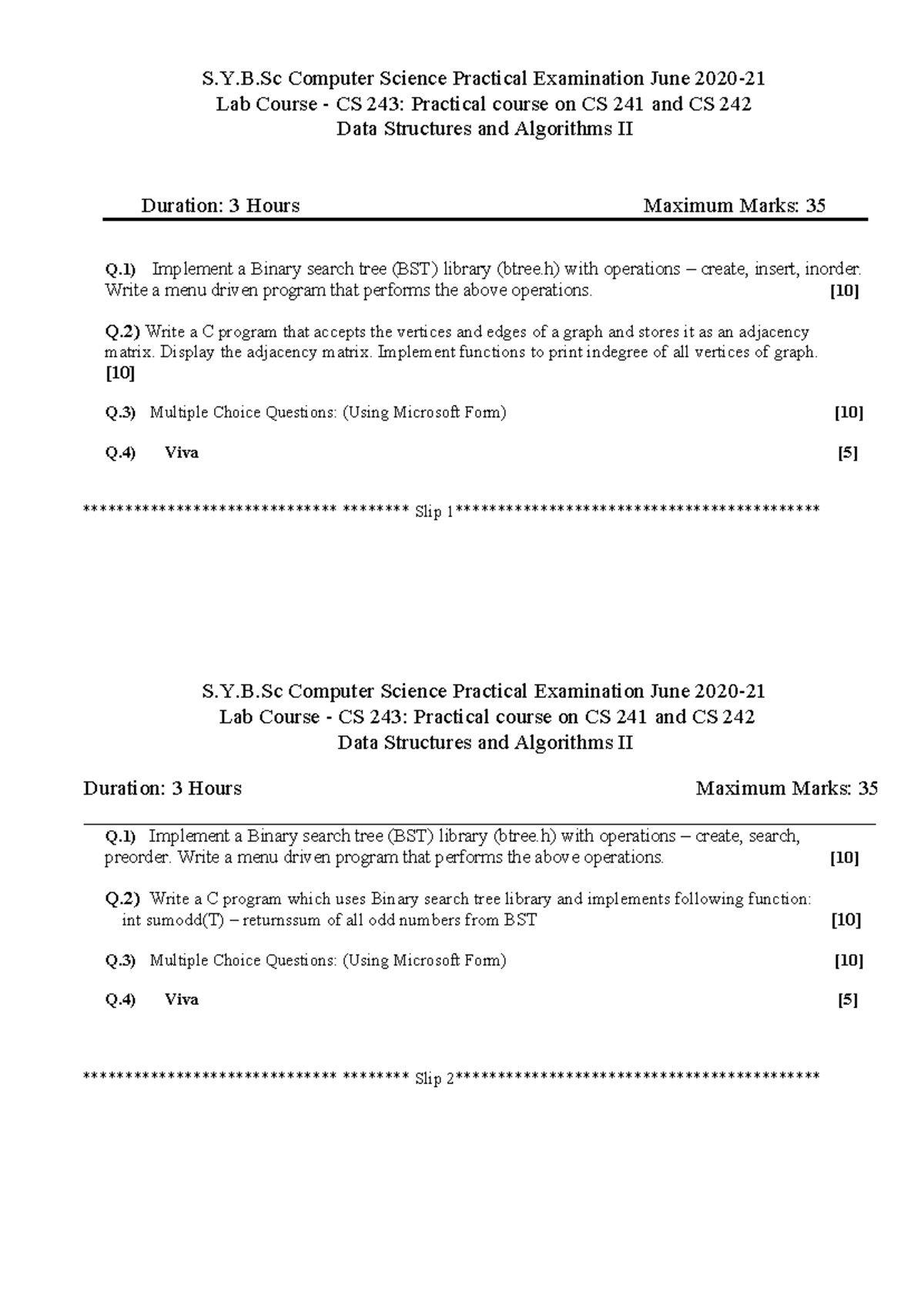 SY BSC CS Slips AY 20 21 Sem IV - Lab Course - CS 243: Practical course on CS 241 and CS 242 ...