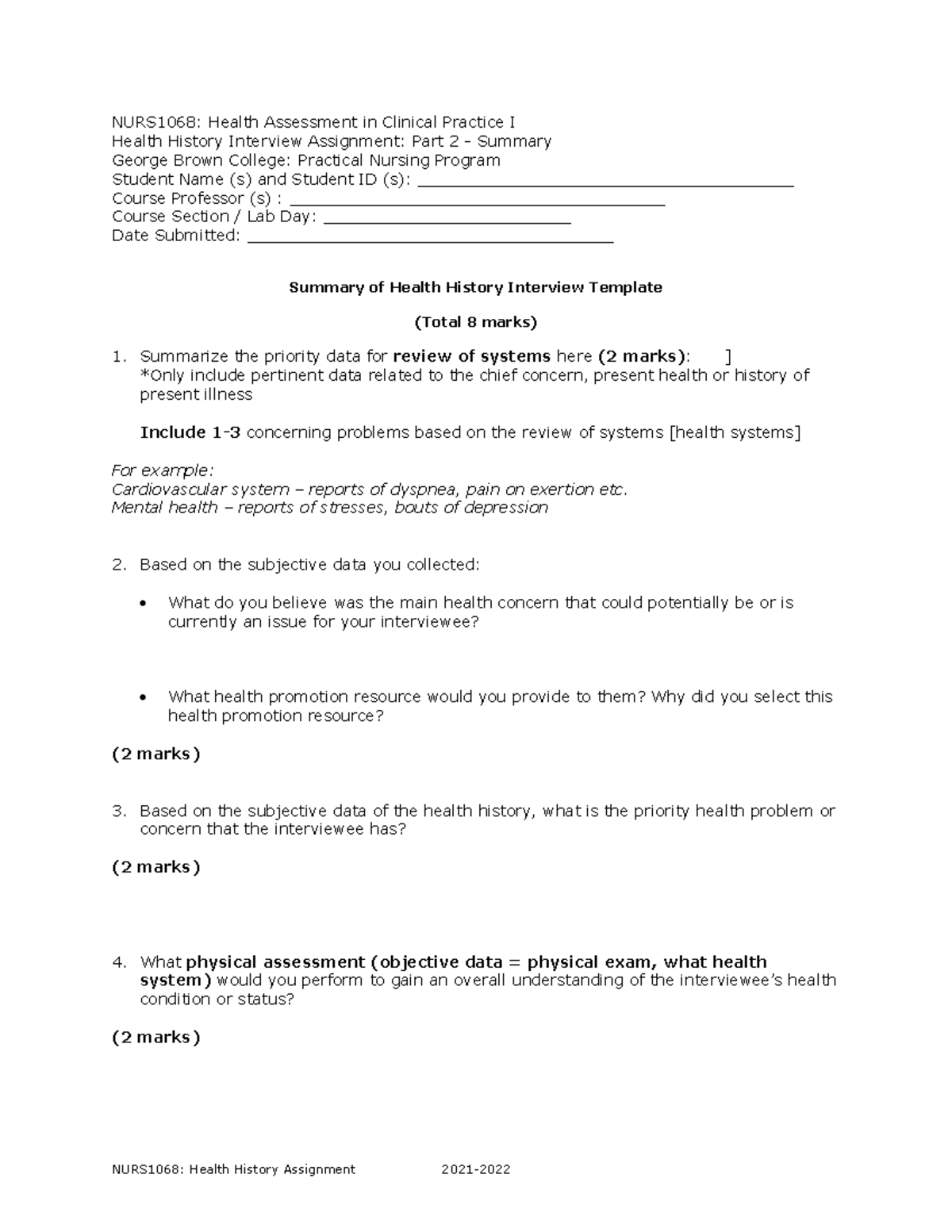 Summary of Health History Interview - NURS1068: Health History ...