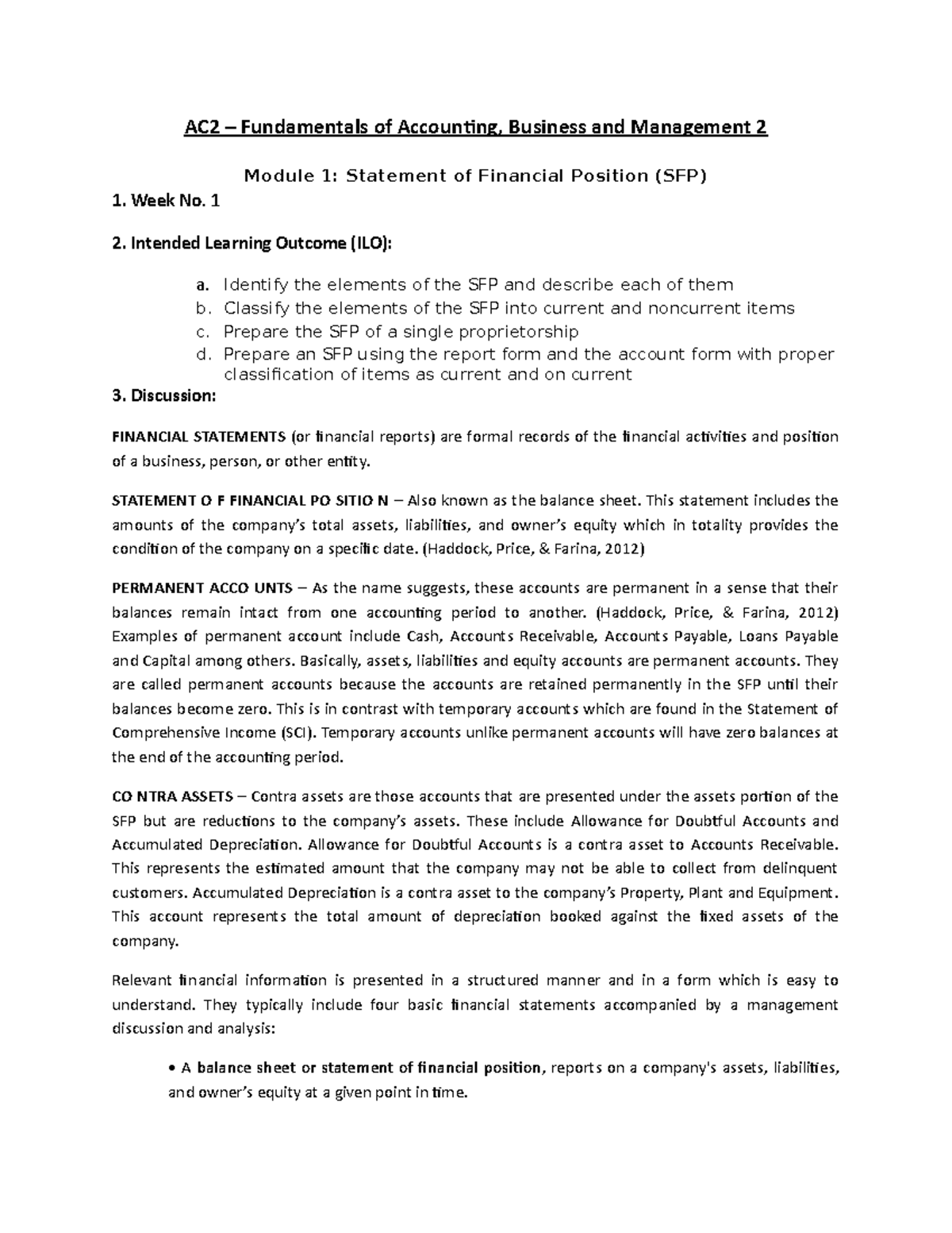 WEEK 1 Statement of Financial Position Lecture - AC2 – Fundamentals of ...