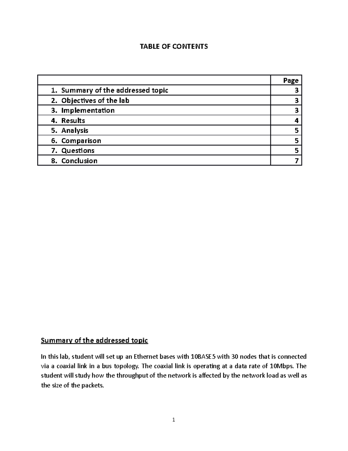 Opnet LAB 1 - TABLE OF CONTENTS Page 1. Summary of the addressed topic ...