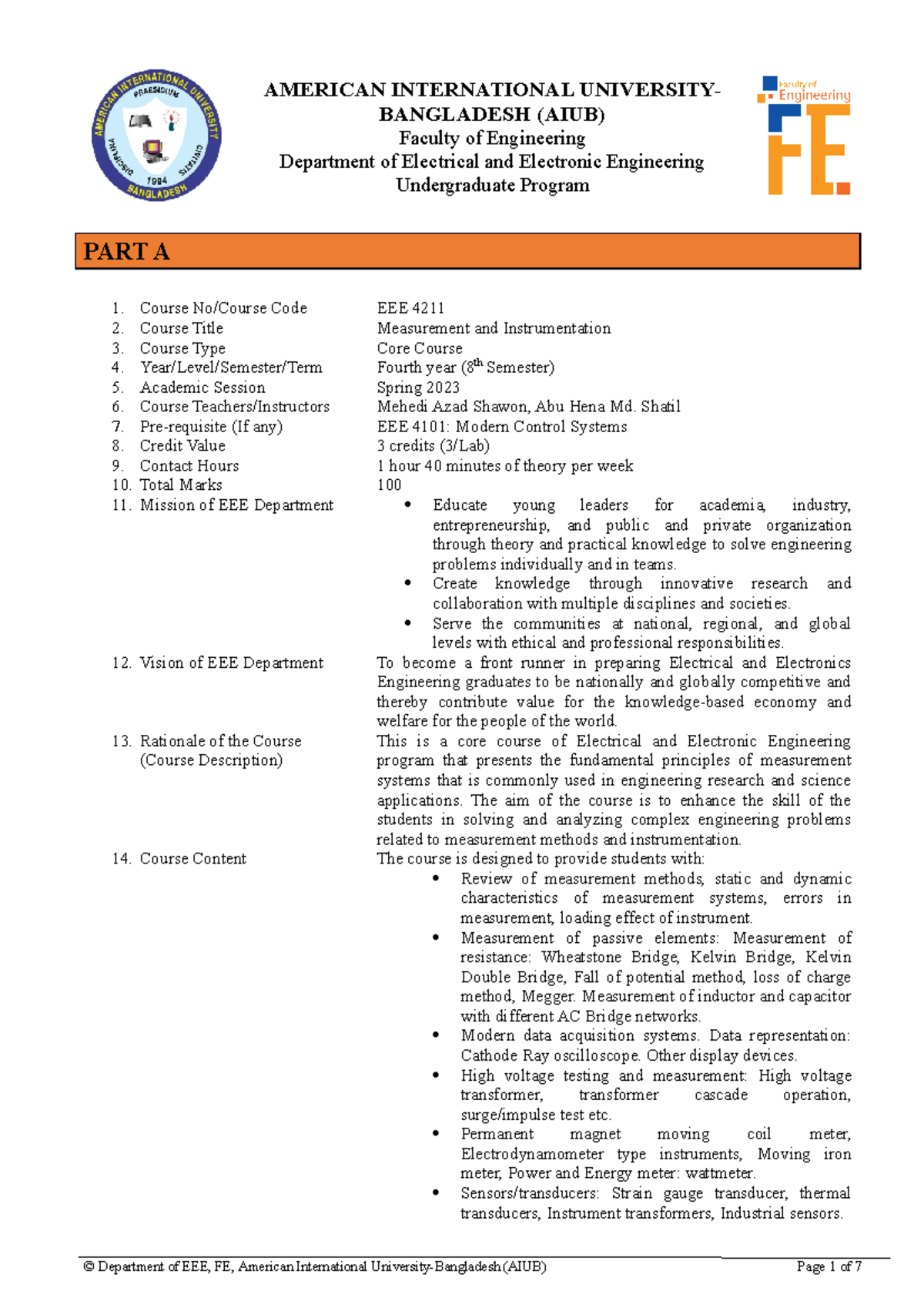 Measurement and Instrumentation theory course outline shatil 1 (1 ...