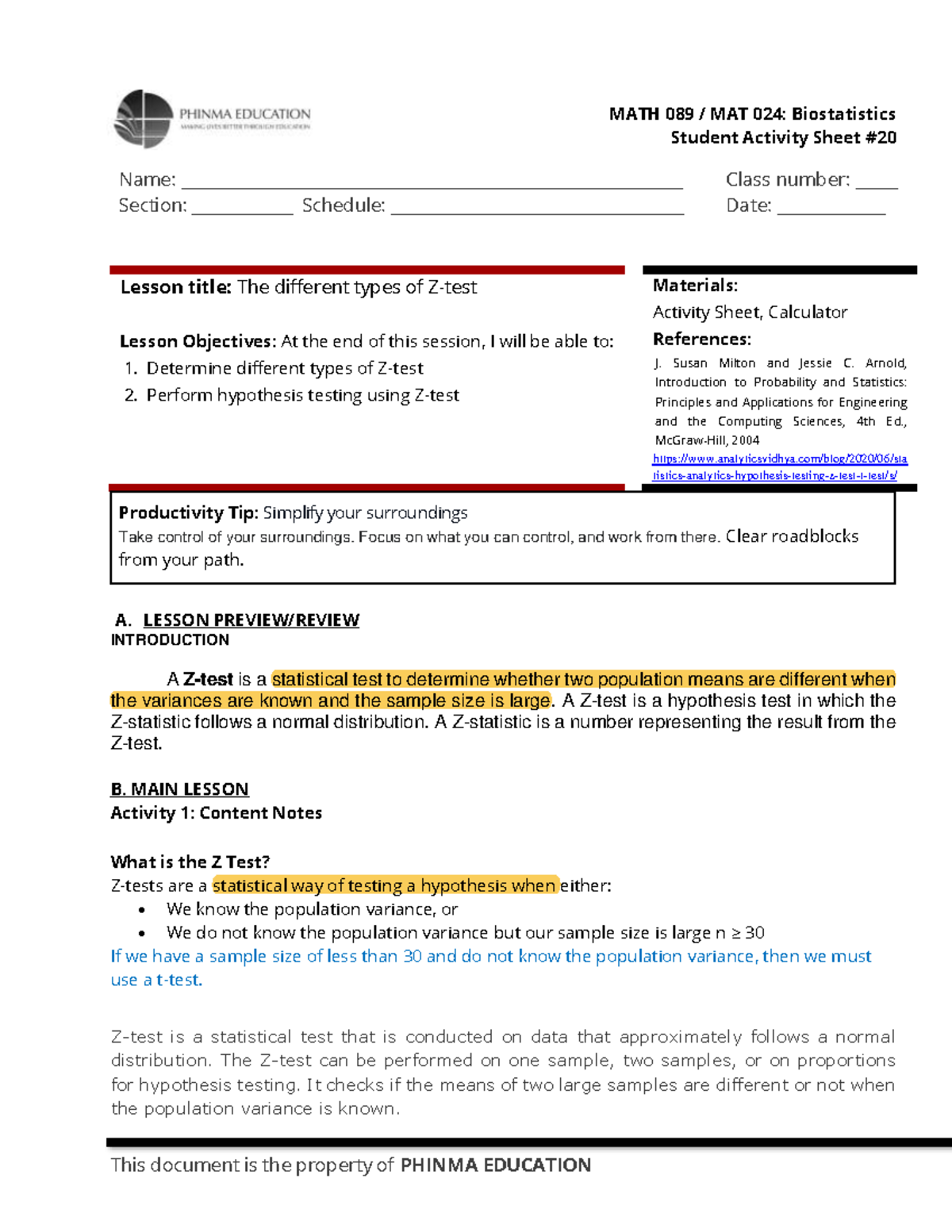Copy of MAT 089 mat 024 - SAS 20 - The different types of Z-test ...