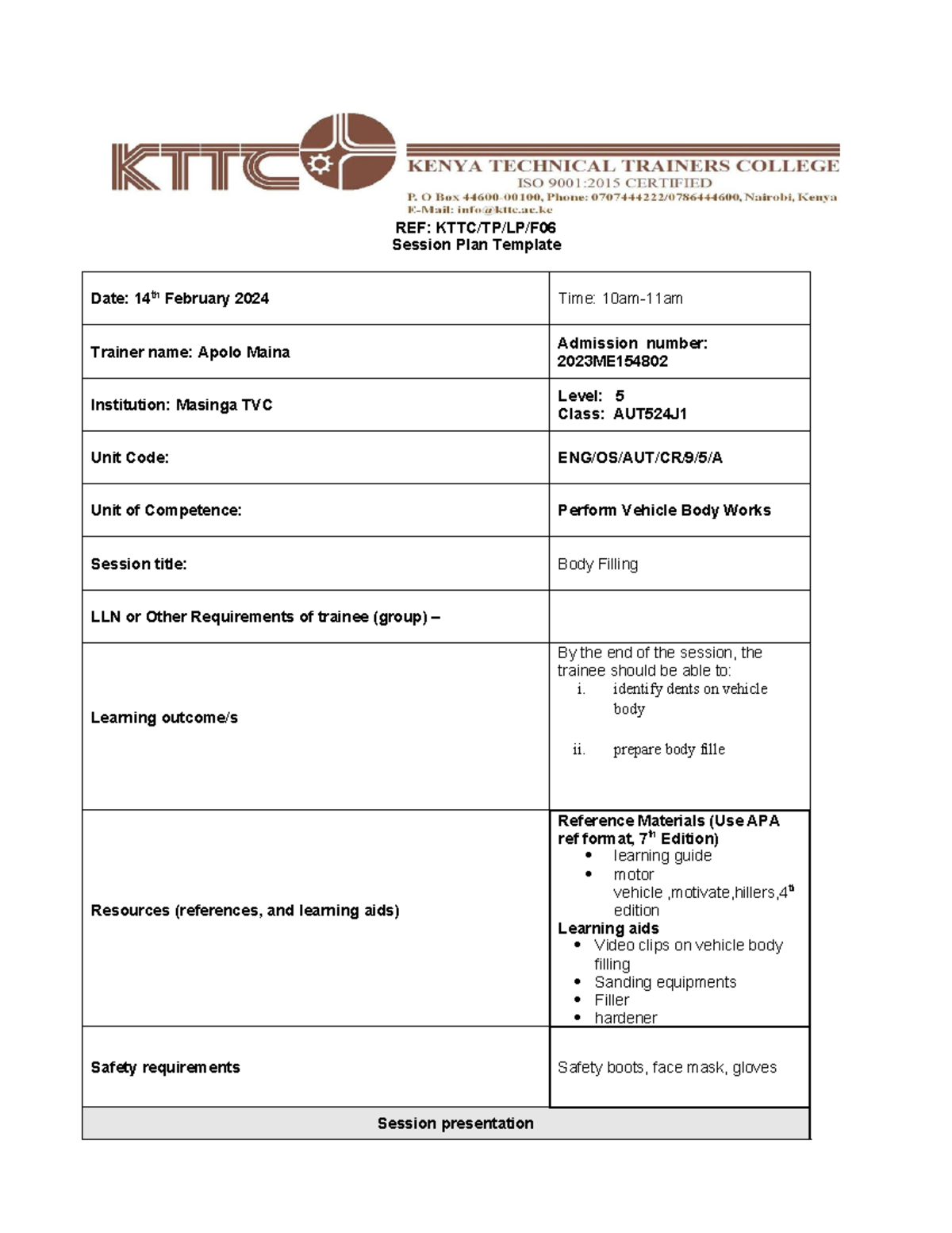 Session plan sample for trainers - REF: KTTC/TP/LP/F Session Plan ...