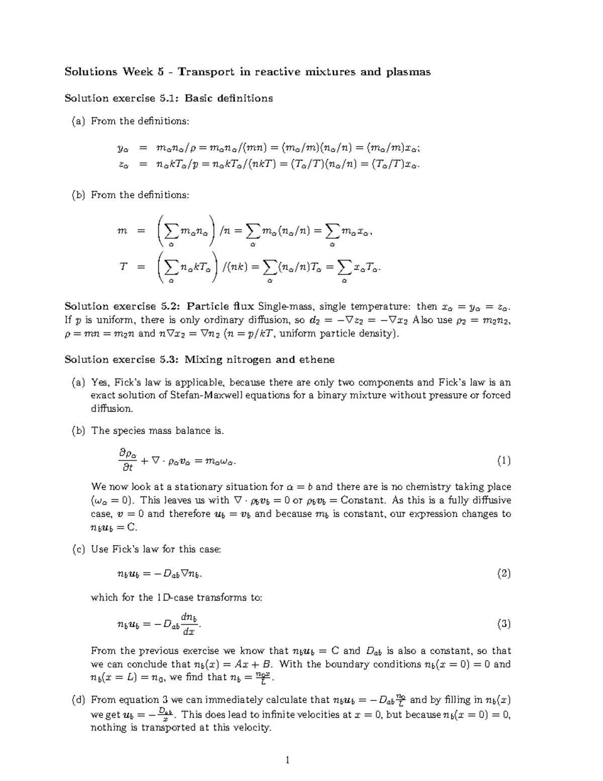 Solutions week5- Plasma - Solutions Week 5 - Transport in reactive ...