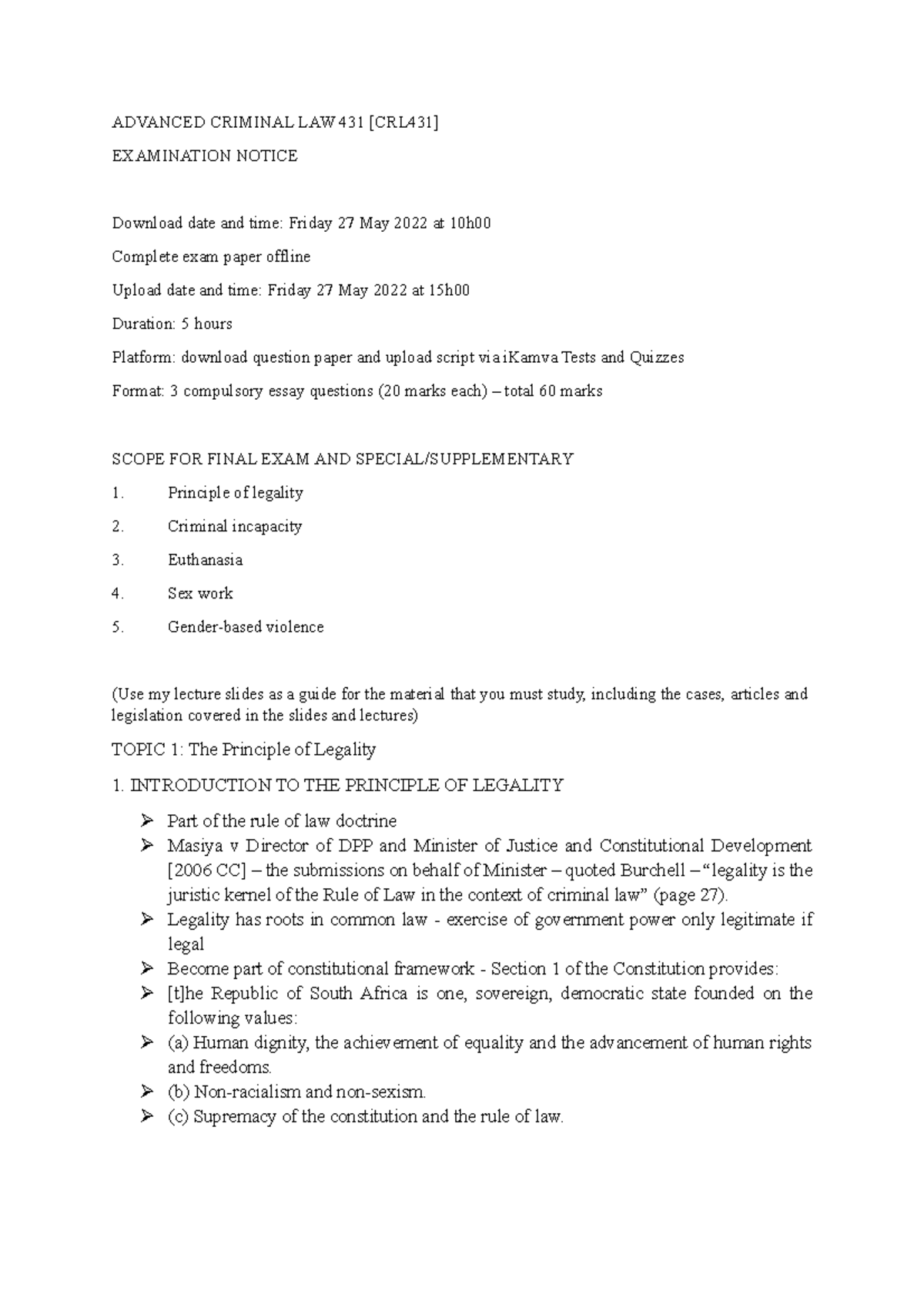 CRL Complete Notes - ADVANCED CRIMINAL LAW 431 [CRL431] EXAMINATION ...
