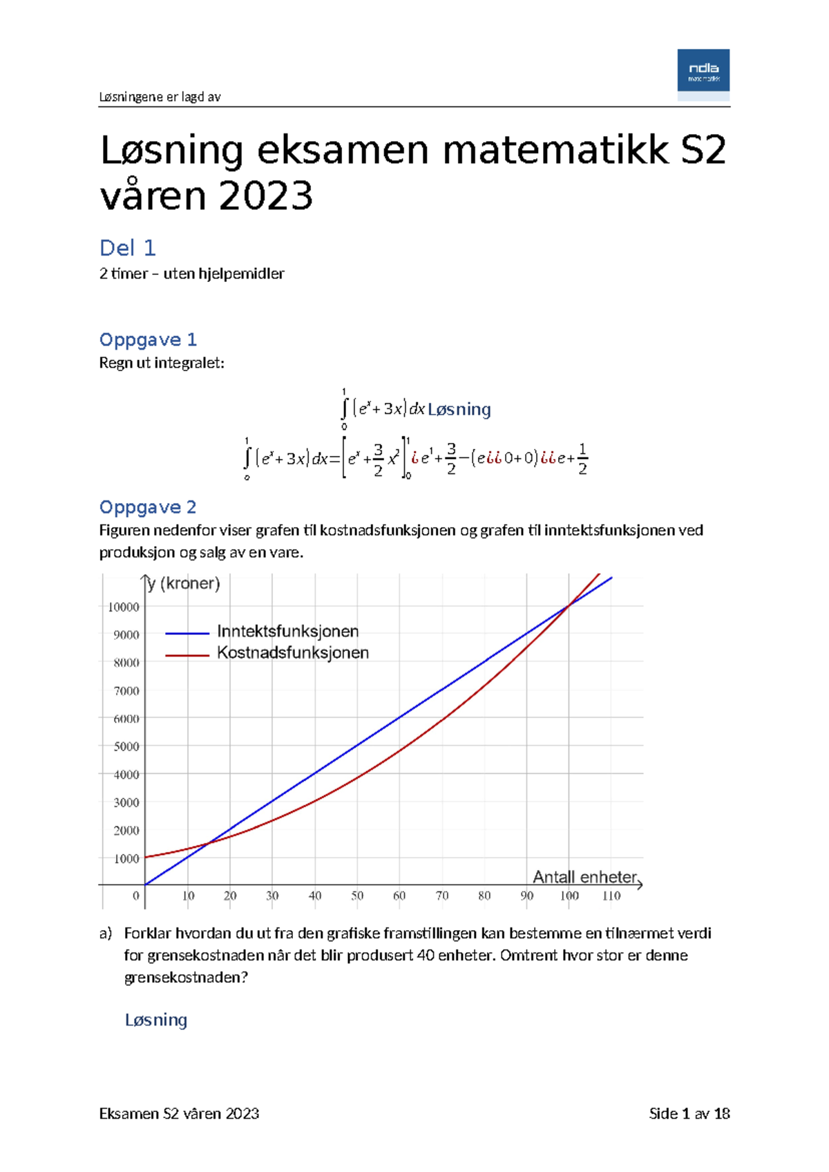 Eksamen LF en annen - Løsning eksamen matematikk S våren 2023 Del 1 2 ...