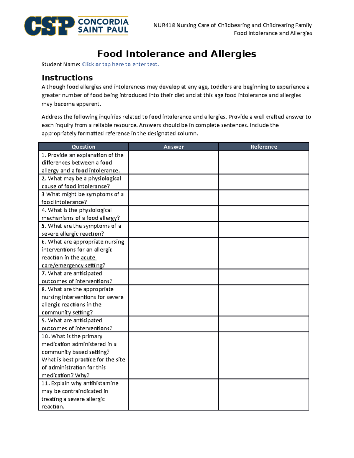 NUR418 Food Intolerance and Allergies - NUR418 Nursing Care of ...