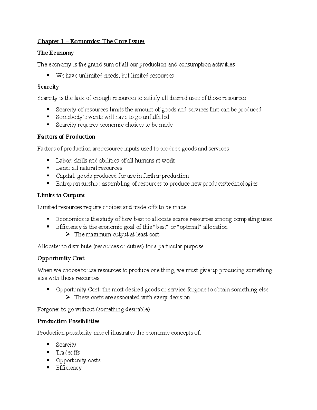 Exam 1 Notes - Chapter 1 – Economics: The Core Issues The Economy The ...
