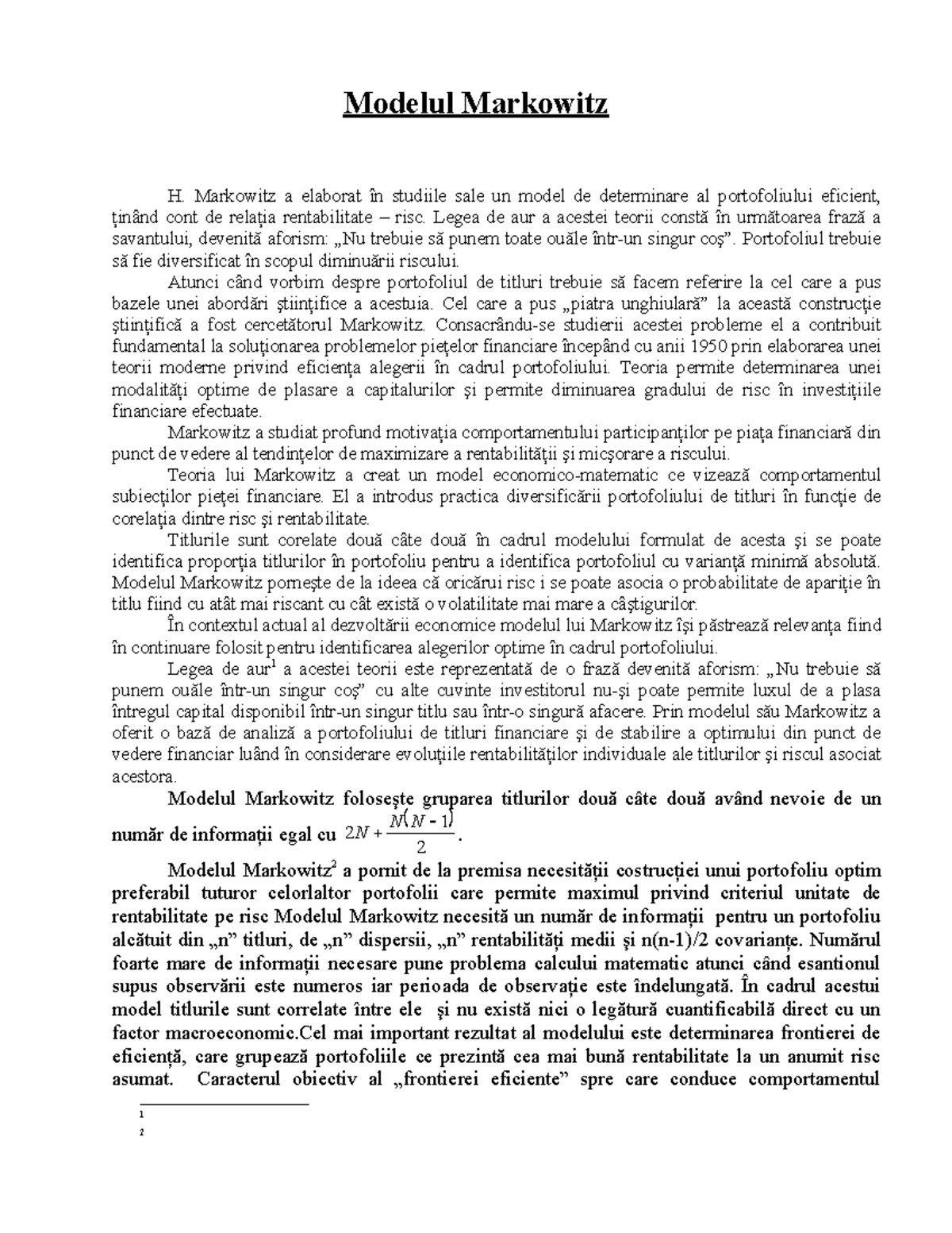 29921108-Modelul-Markowitz - Modelul Markowitz H. Markowitz a elaborat în studiile sale un model ...