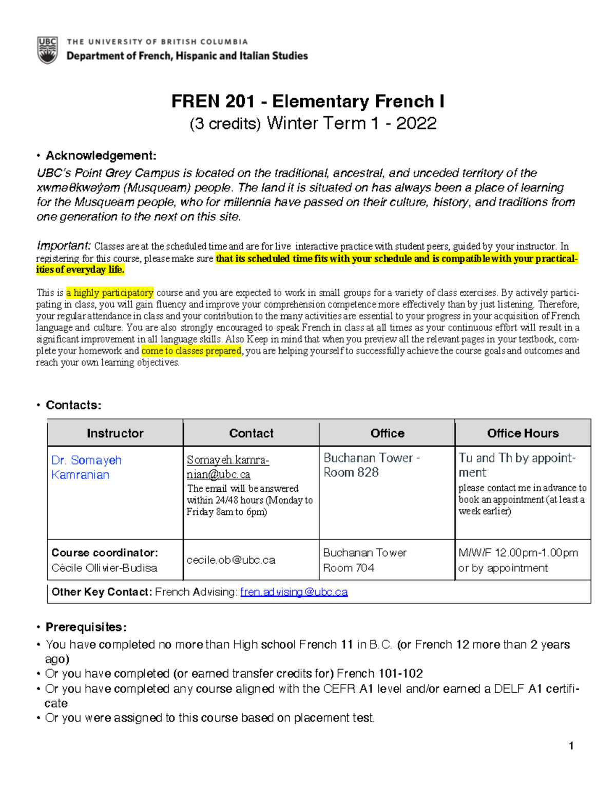 FREN 201 syllabus Winter Term 1 2022 - 5 sept - FREN 201 - Elementary ...