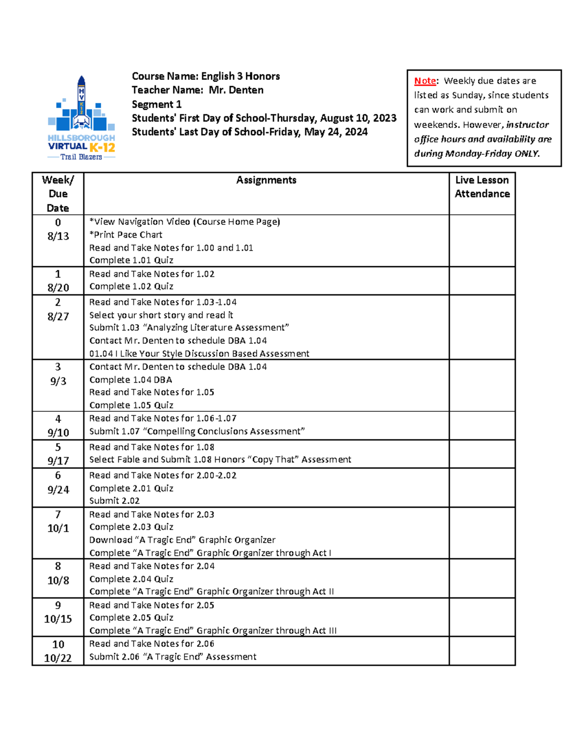 E3 H Pace Chart Segment 1 - Course Name: English 3 Honors Teacher Name ...