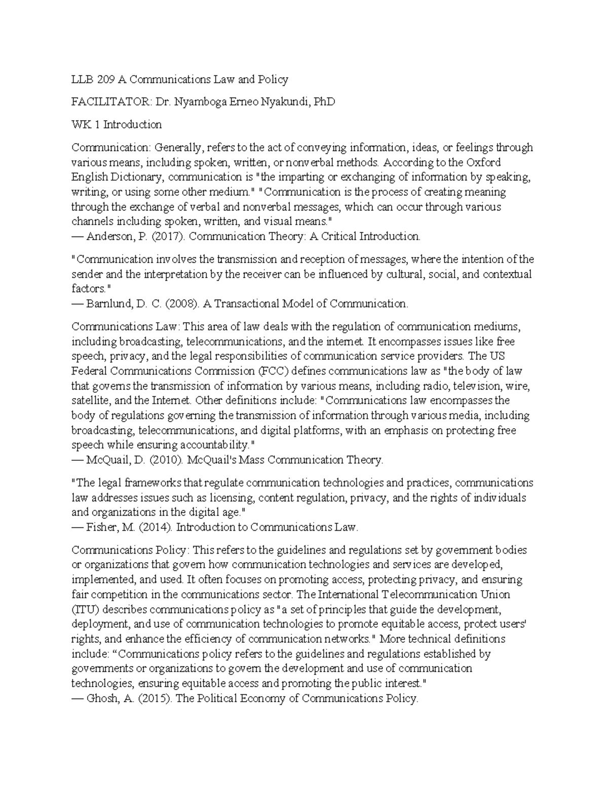 LLB 209 A WK 1 Notes - LLB 209 A Communications Law and Policy ...