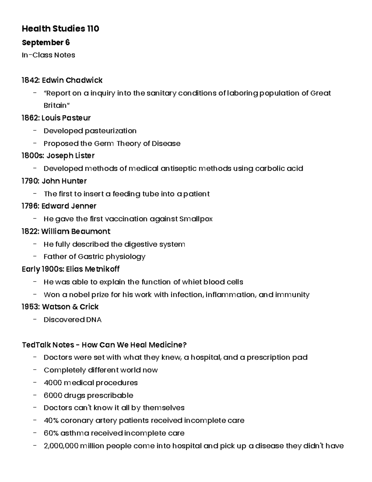 HLST 110 In-Class Notes - Health Studies 110 September 6 In-Class Notes ...