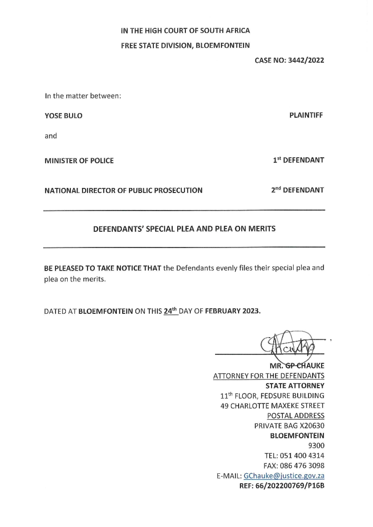 Defendants-PLEA-23041277 - IN THE HIGH COURT OF SOUTH AFRICA FREE STATE ...