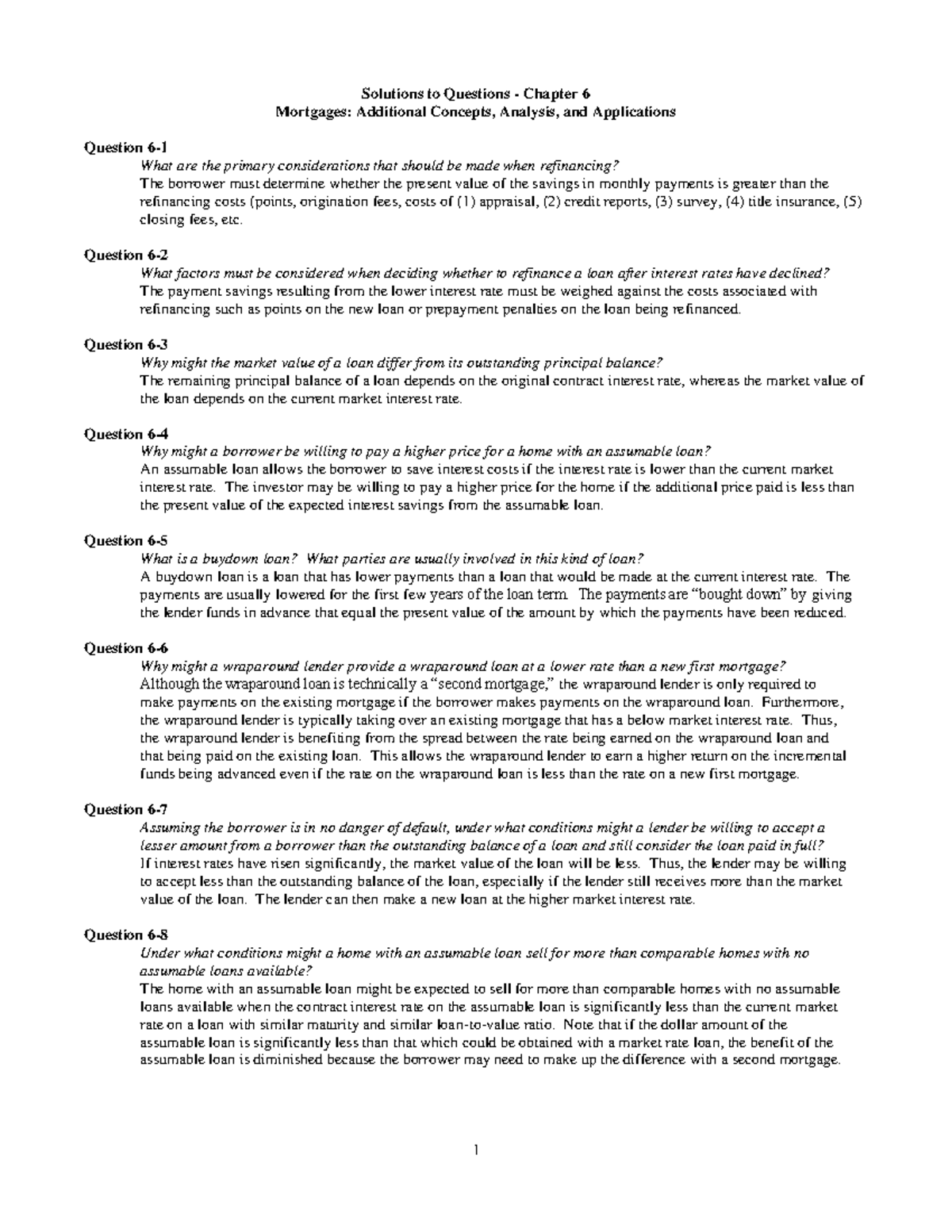 Chapter 6 - Finance and Real estate summary - Solutions to Questions ...