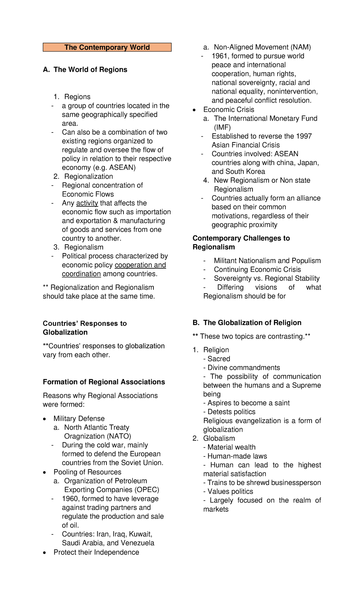 Contemporary World Notes - The Contemporary World A. The World of ...