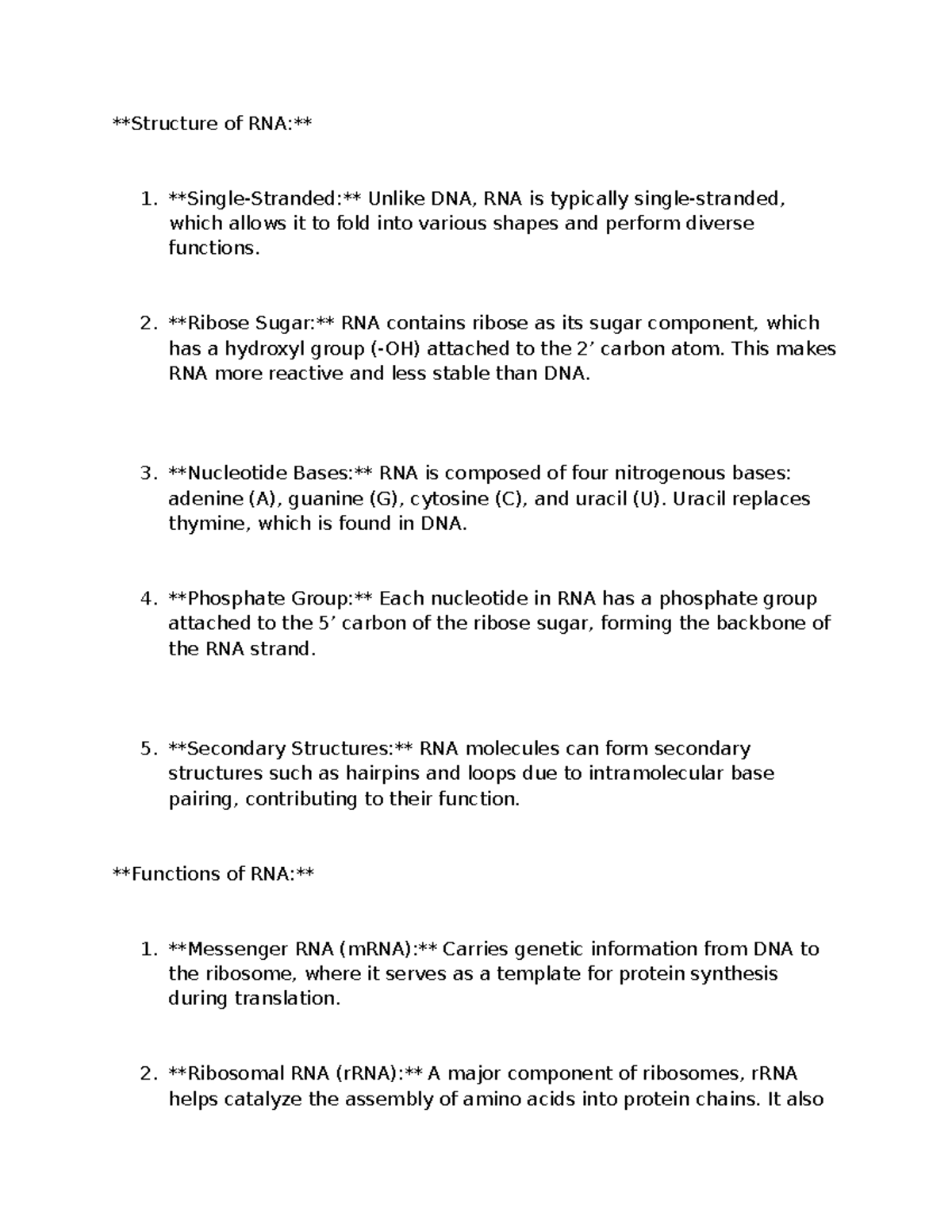Food analysis module 3 practical notes - Structure of RNA: 1. Single ...
