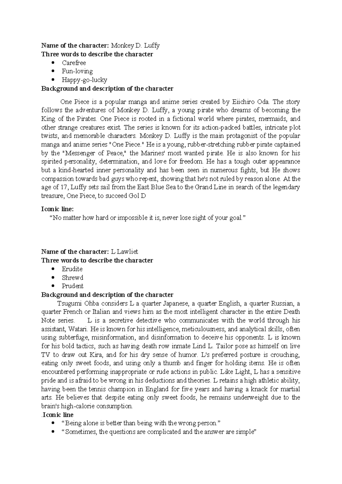 World Lit character - Name of the character: Monkey D. Luffy Three ...