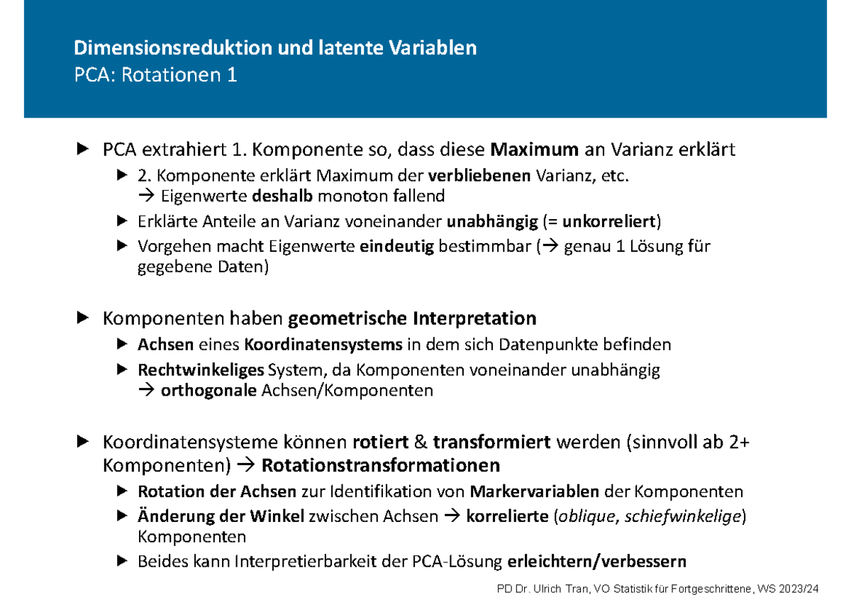 Statistik für Fortgeschrittene - PCA extrahiert 1. Komponente so, dass ...