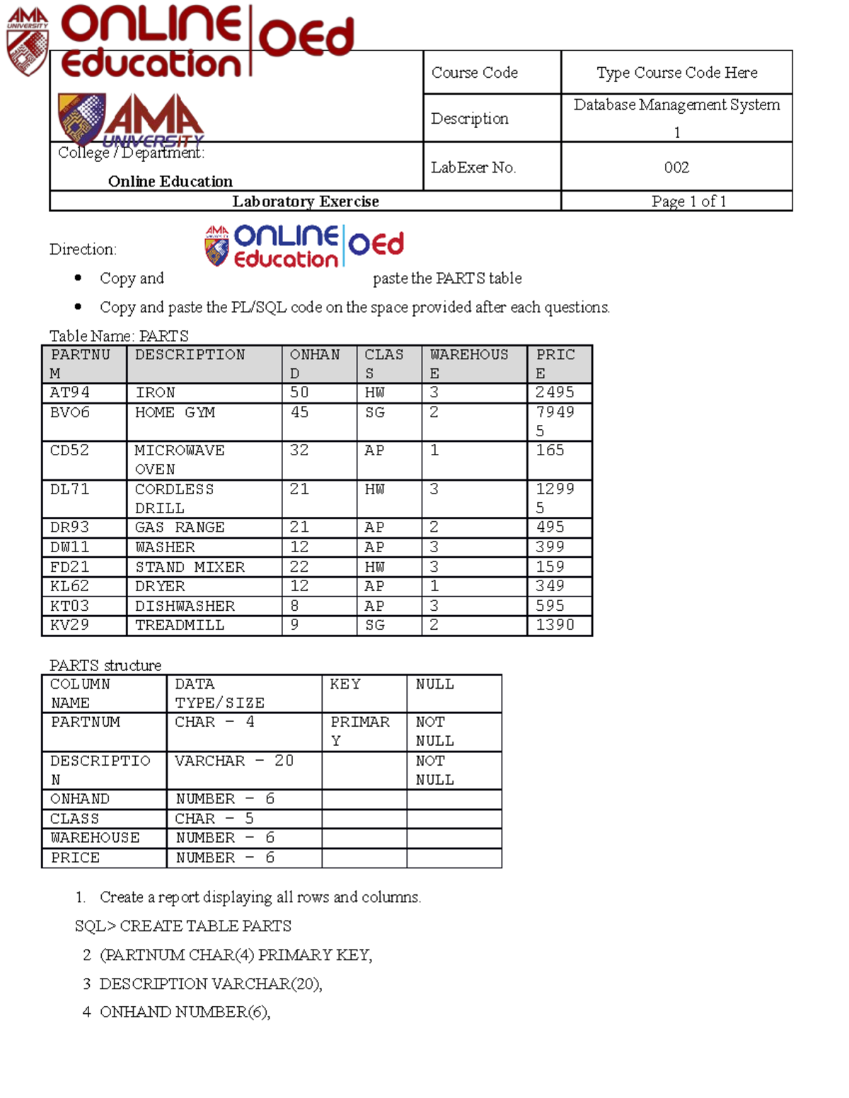 AMA IT6202 LAB 002 - Course Code Type Course Code Here Description Database Management System 1 ...