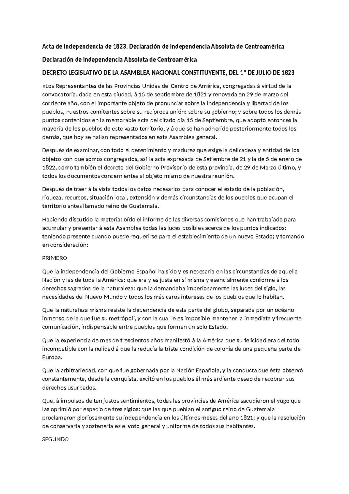 Acta de Independencia de 1823 - Declaración de Independencia Absoluta ...