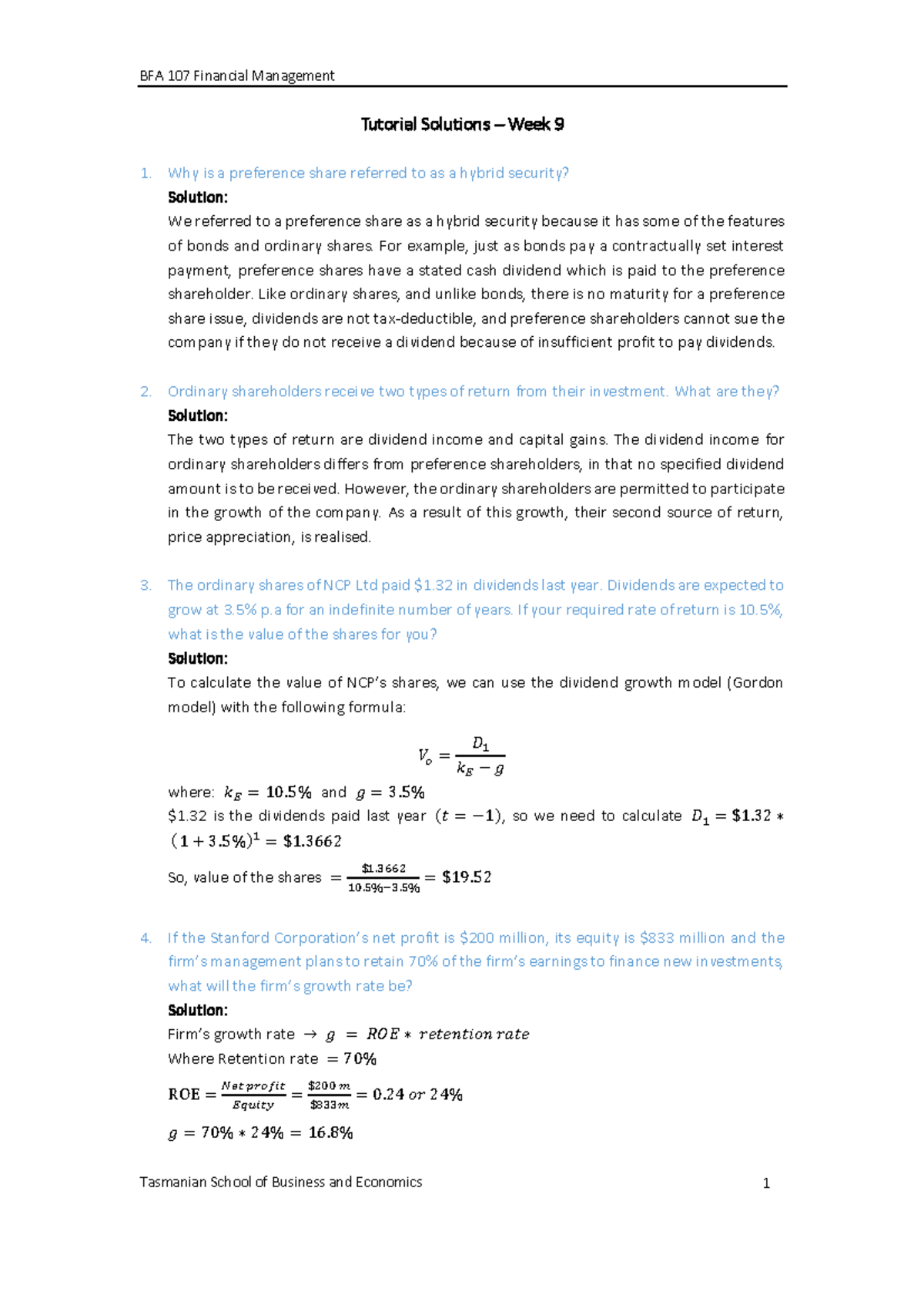 BFA107 ASP3 T8 W9 Solutions - Tutorial Solutions – Week 9 Why is a preference share referred to ...