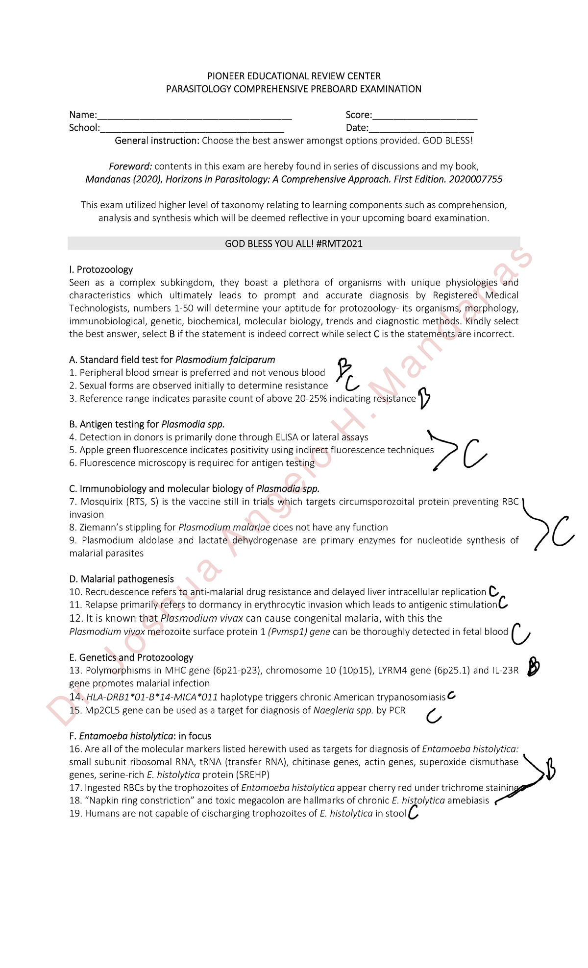 Para preboard 2021 - Dr. Joshua Angelo H. Mandanas PIONEER EDUCATIONAL ...