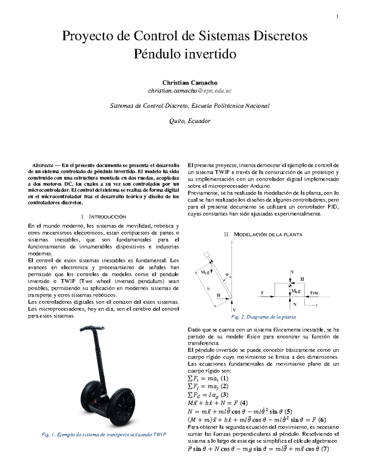 Informe Péndulo Invertido - 1 Proyecto de Control de Sistemas Discretos ...