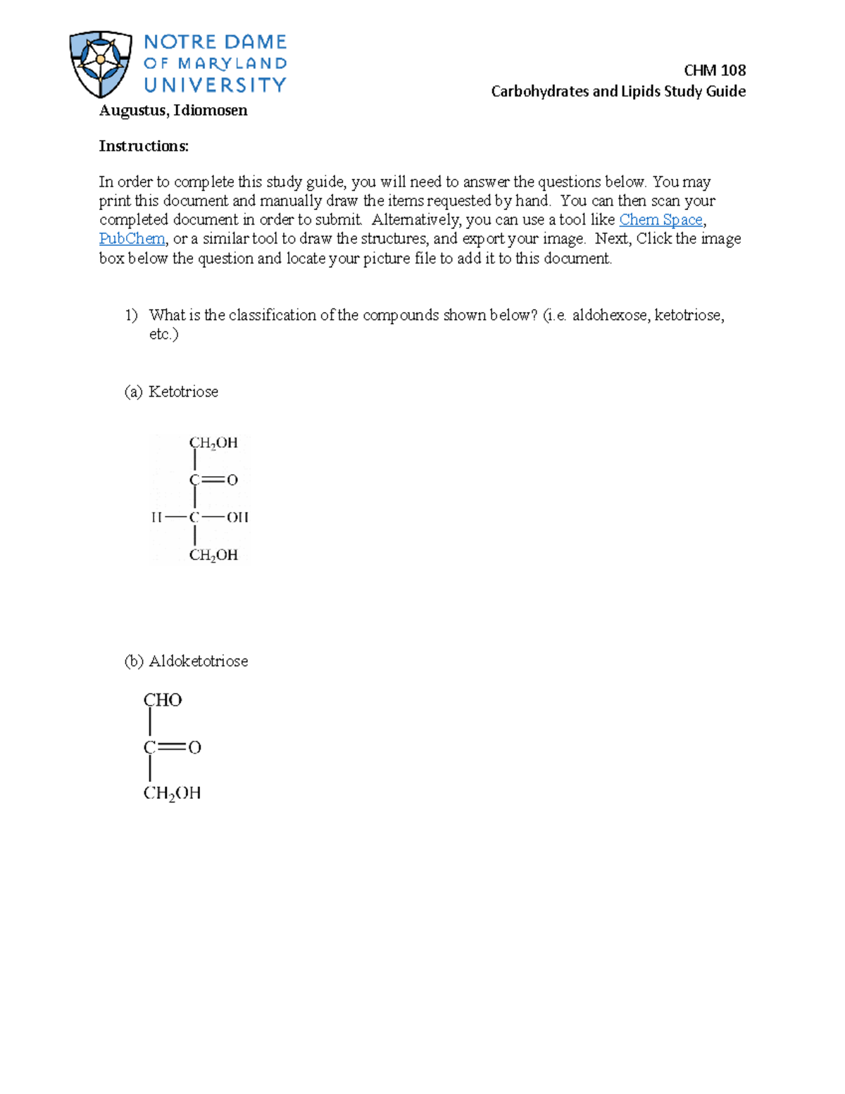 CHM 108 Carbohydrates and Lipids Study Guide iaugustus - Carbohydrates ...