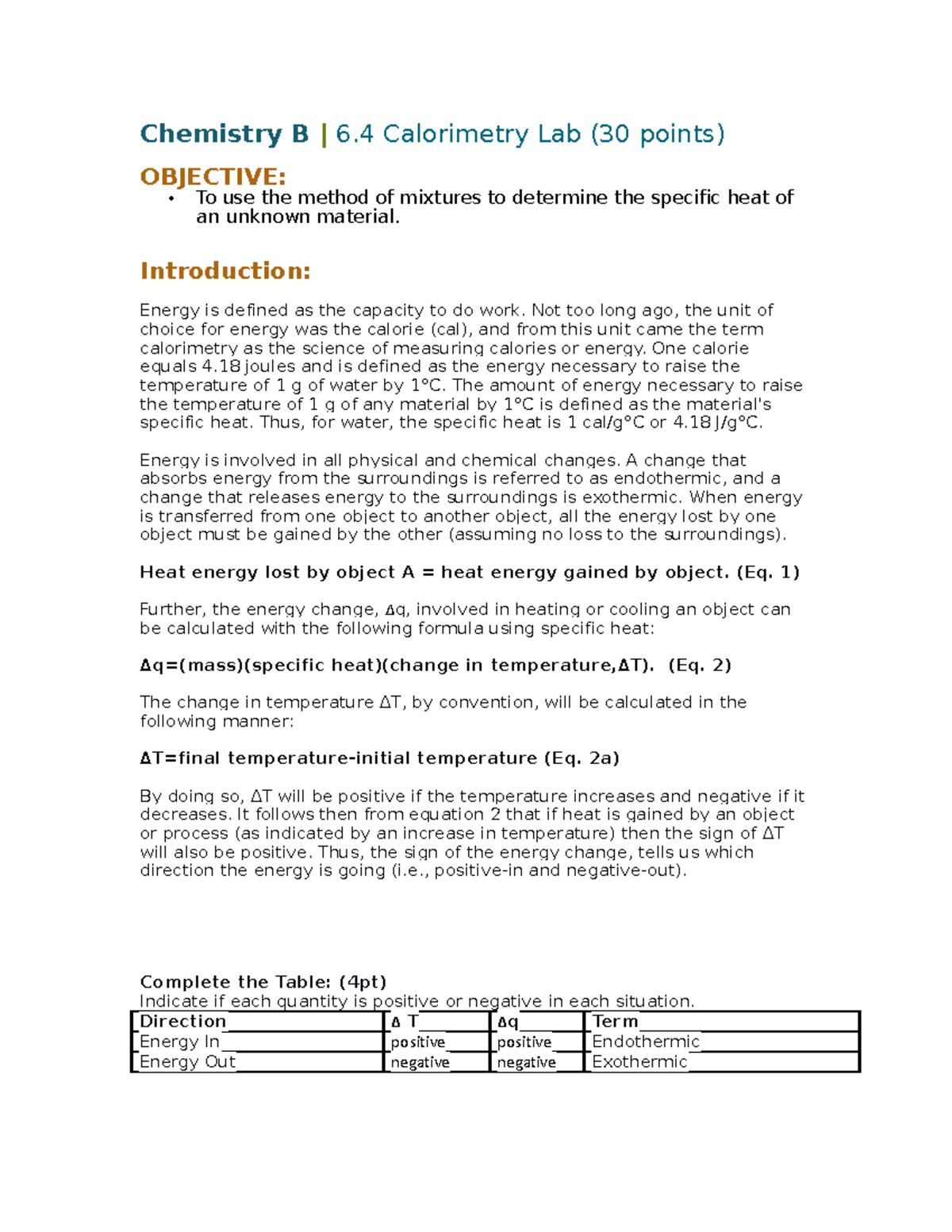 6.4 Lab Calorimetry Lab (1)- Ahsan Bari - Chemistry B | 6 Calorimetry ...