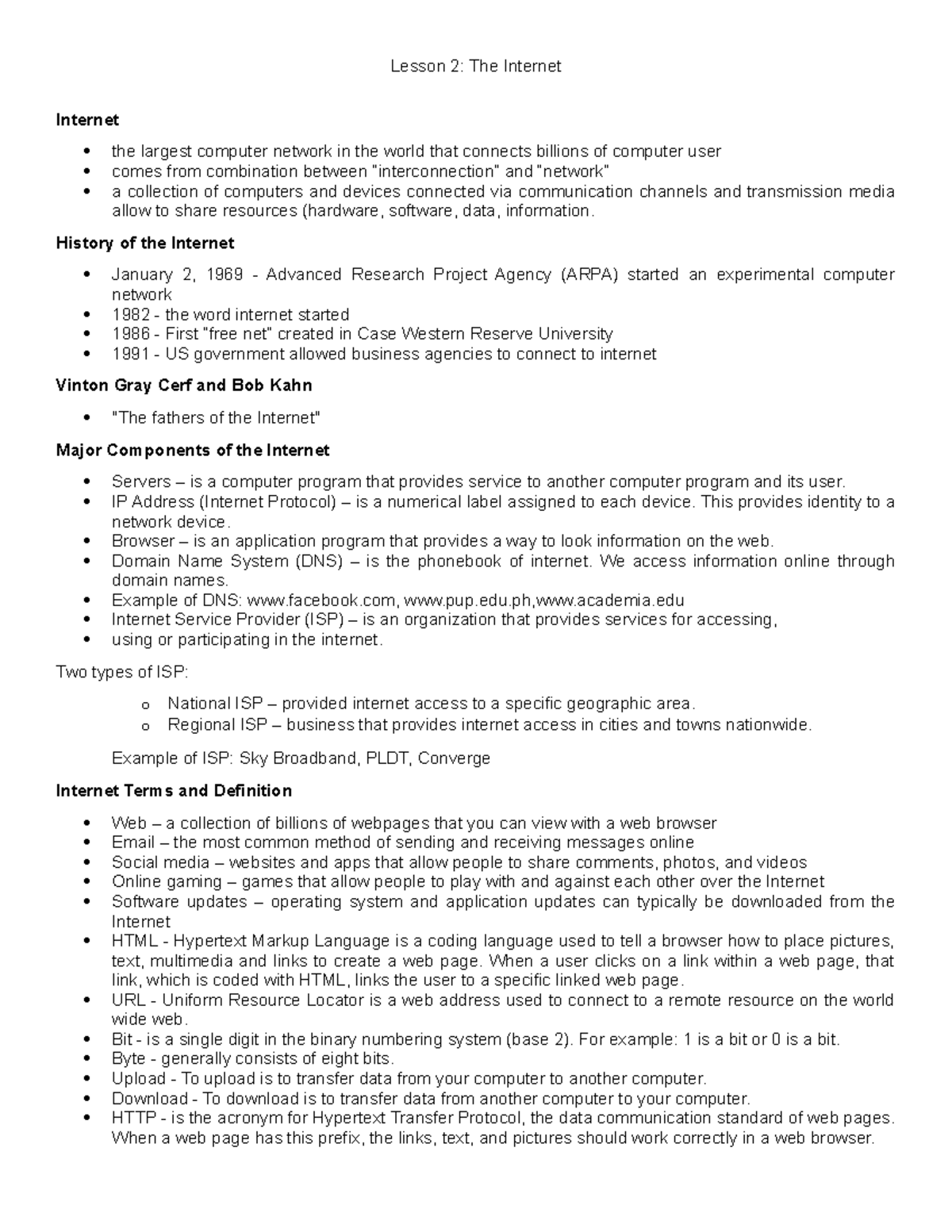 Unit 3 Lesson 2 - The Internet - Lesson 2: The Internet Internet the ...