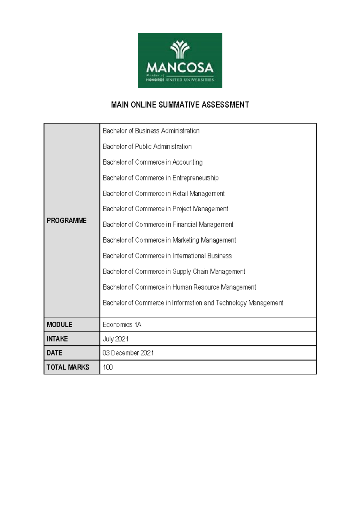 Eco Dec 2021 - exam prep - MAIN ONLINE SUMMATIVE ASSESSMENT PROGRAMME ...