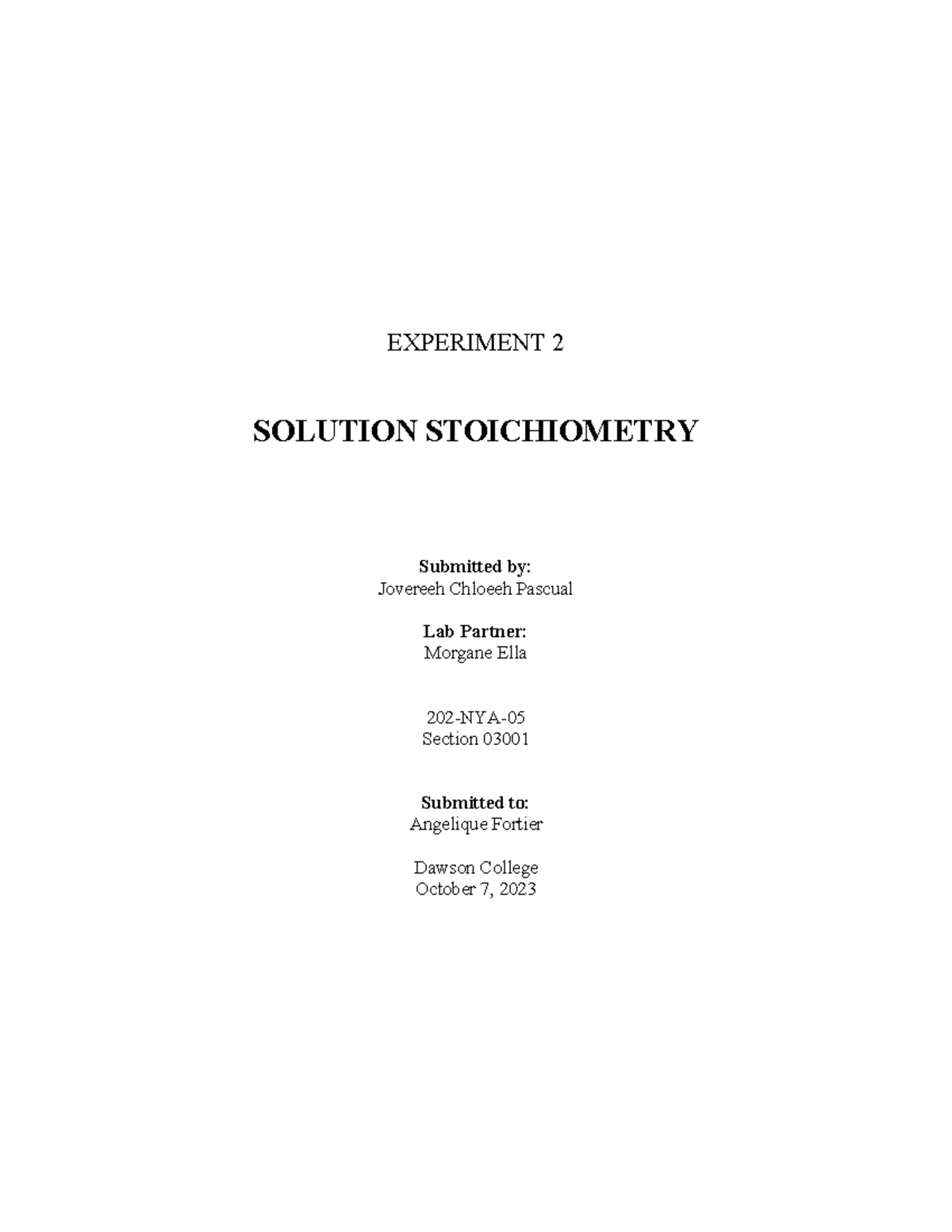 LAB 2- Solutions Stoichiometry - EXPERIMENT 2 SOLUTION STOICHIOMETRY ...