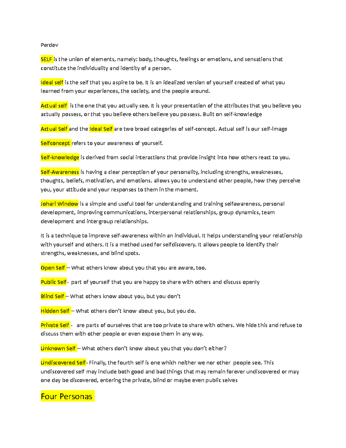 Perdev review module 1 - Perdev SELF is the union of elements, namely ...