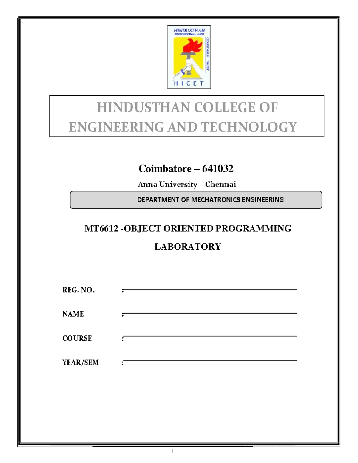 OOPS Record - HINDUSTHAN COLLEGE OF ENGINEERING AND TECHNOLOGY ...
