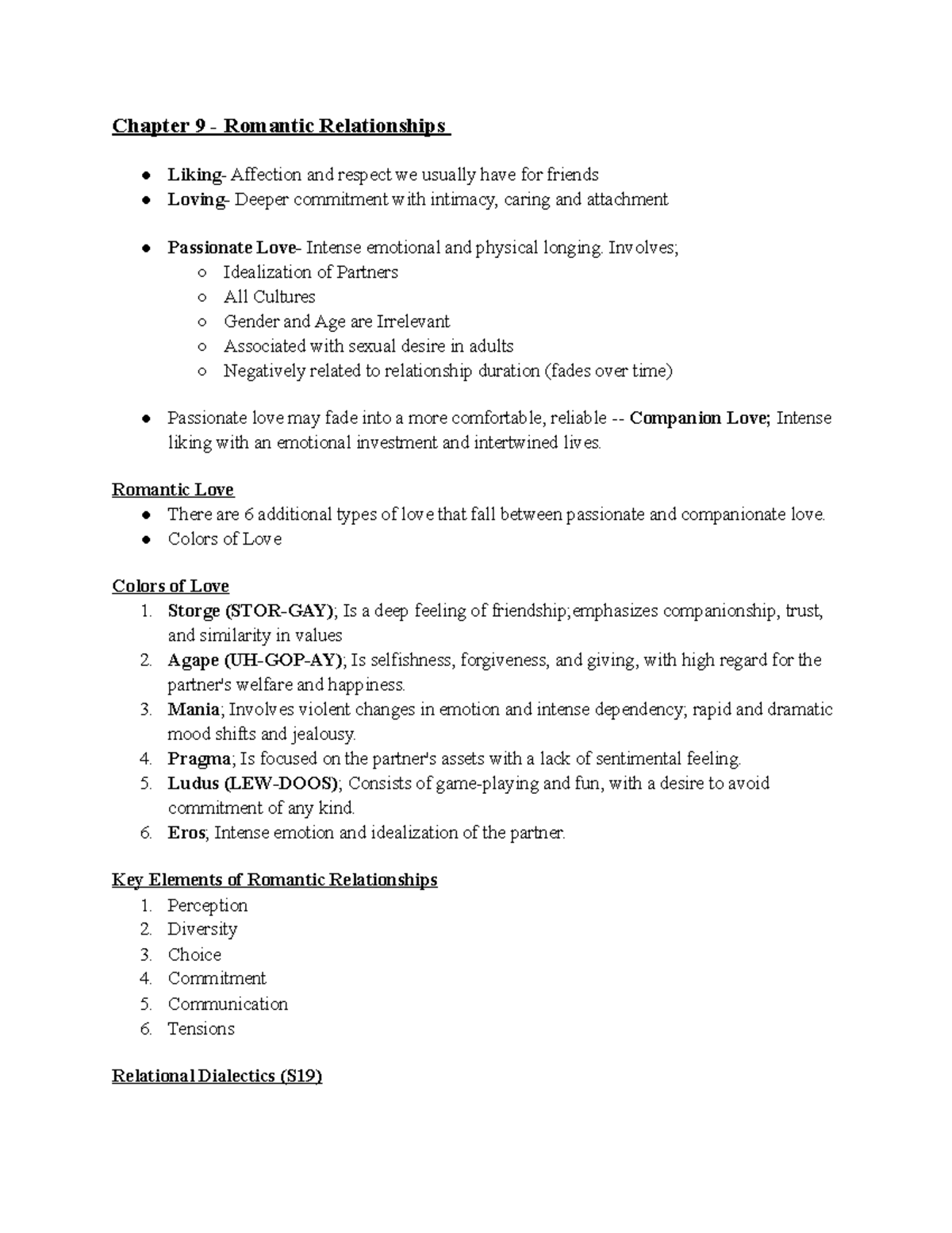 Lecture Notes, Lecture Chapter 9 - Romantic Relationships - Chapter 9 ...