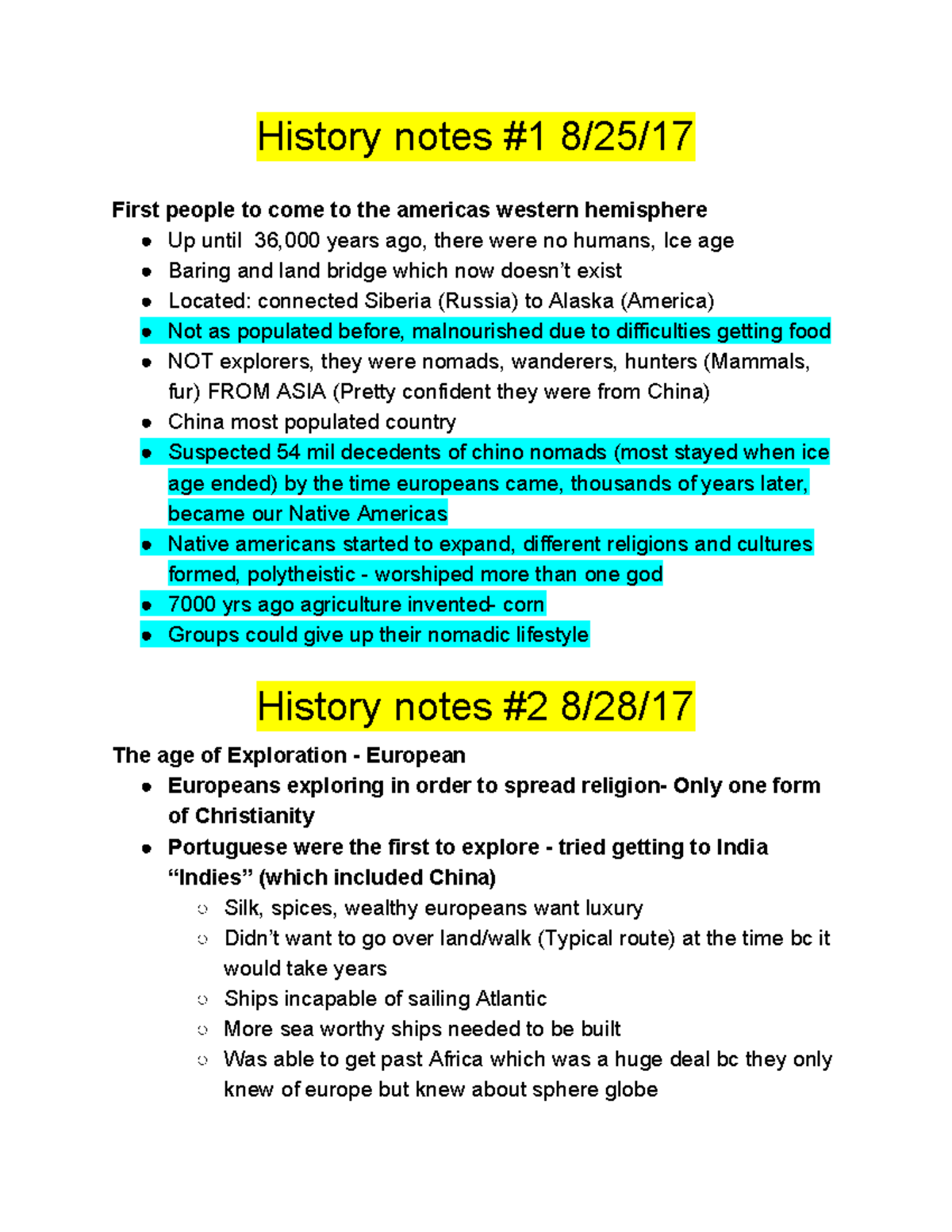 History notes for Test 1 - History notes #1 8/25/17 First people to ...