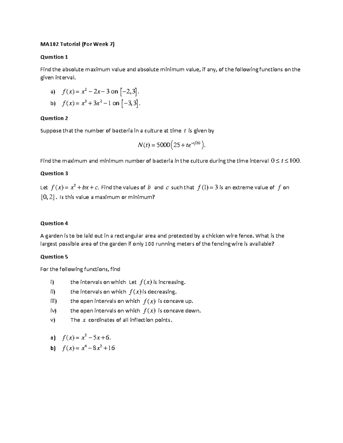 MA102 Tutorial (for week 7) - MA102 Tutorial (For Week 7) Question 1 Find the absolute maximum ...