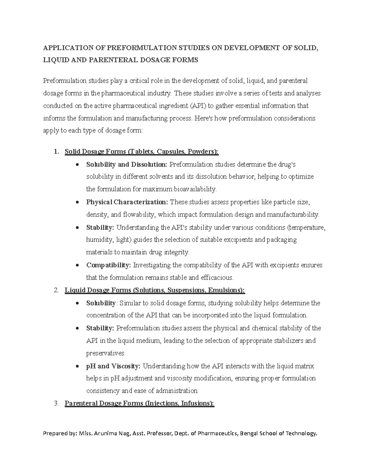 Application Of Preformulation Studies - Prepared by: Miss. Arunima Nag ...