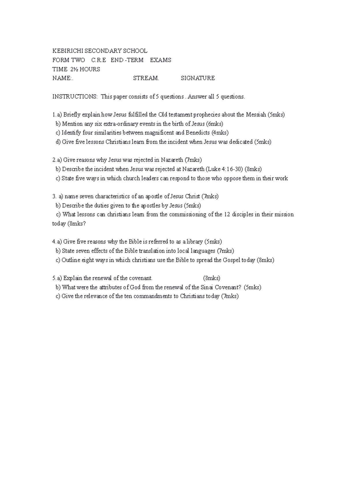Form two cre - Revision questions for religious studies - KEBIRICHI ...