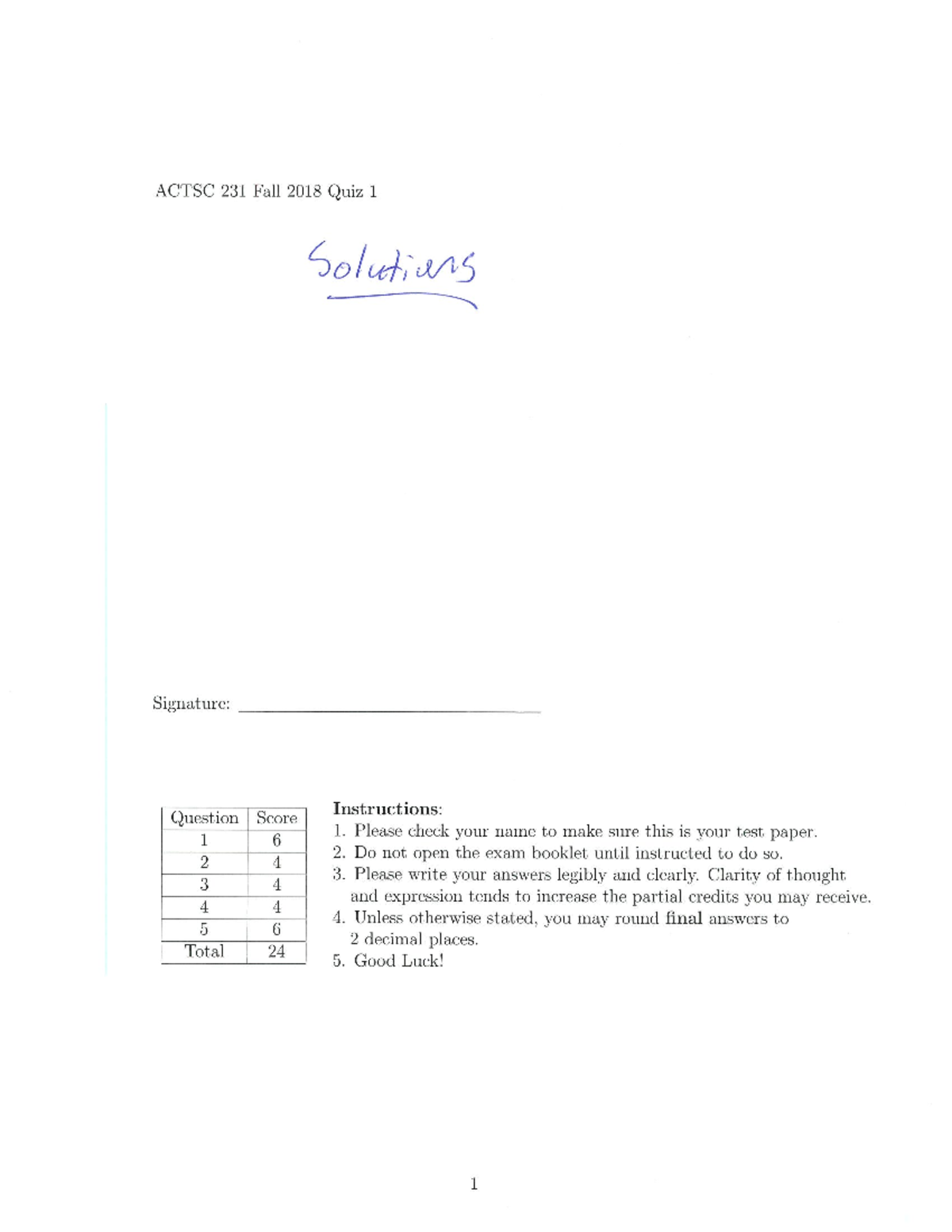 Quiz 1 21 September 2018, answers - ACTSC 231 Fall 2018 Quiz 1 60 ...