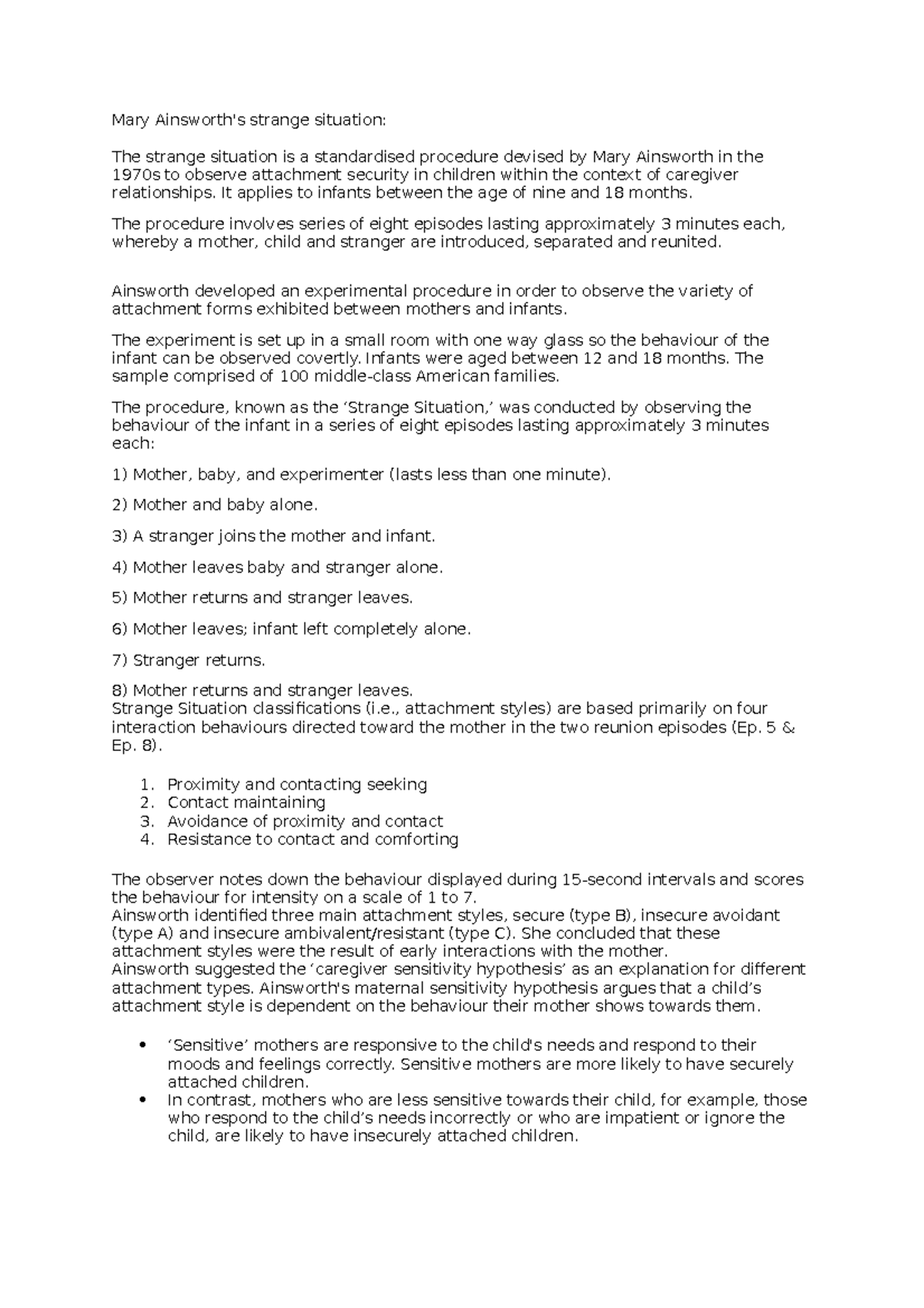 Ainsworths strange situation notes - Mary Ainsworth's strange situation ...