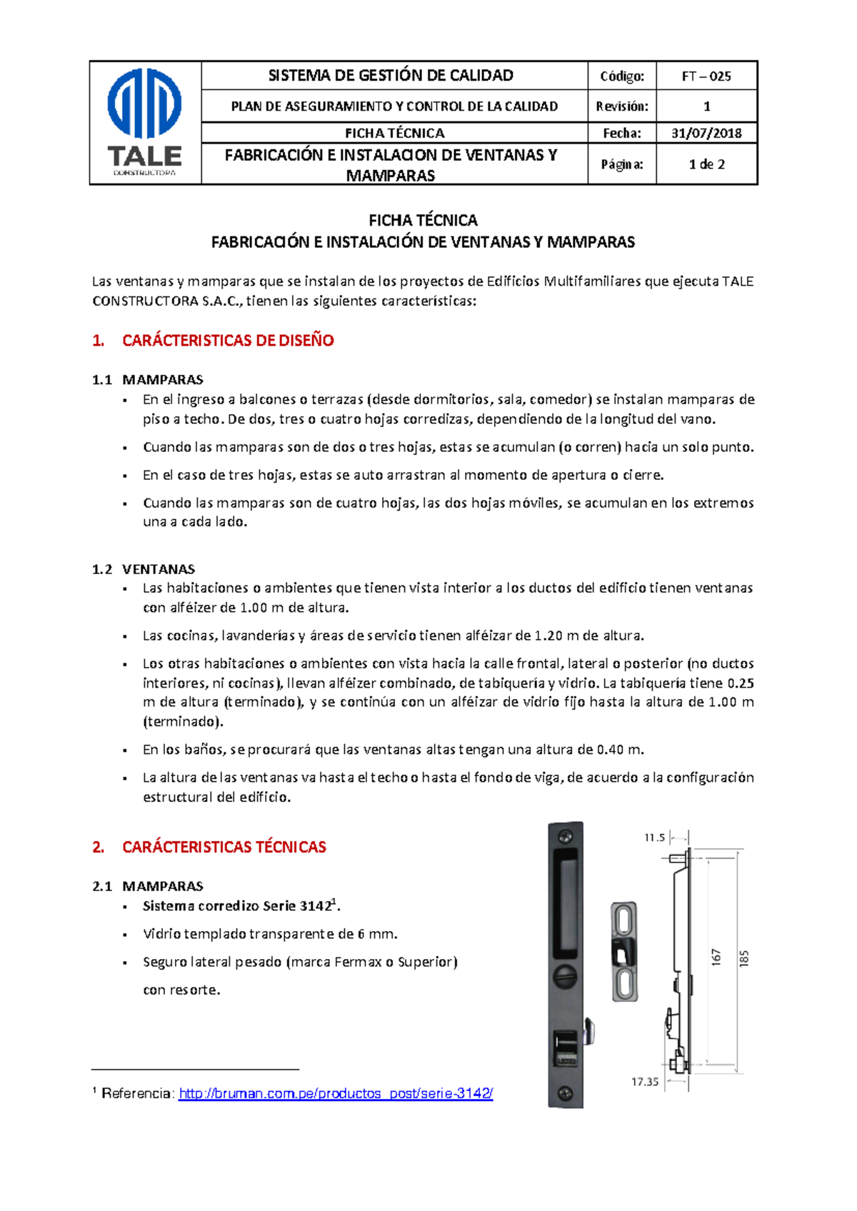500047512 FT 025 Ficha Tecnica Ventanas y Mamparas - SISTEMA DE GESTIÓN DE CALIDAD Código: FT ...