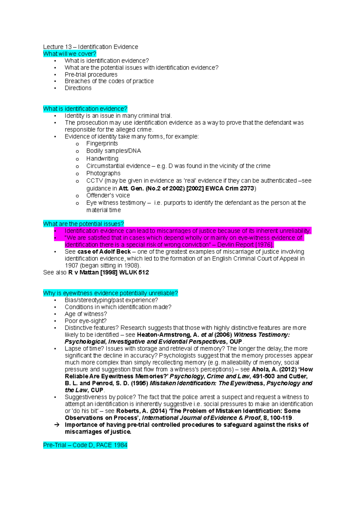 Evidence lecture 3 - Lecture 13 – Identification Evidence What will we ...