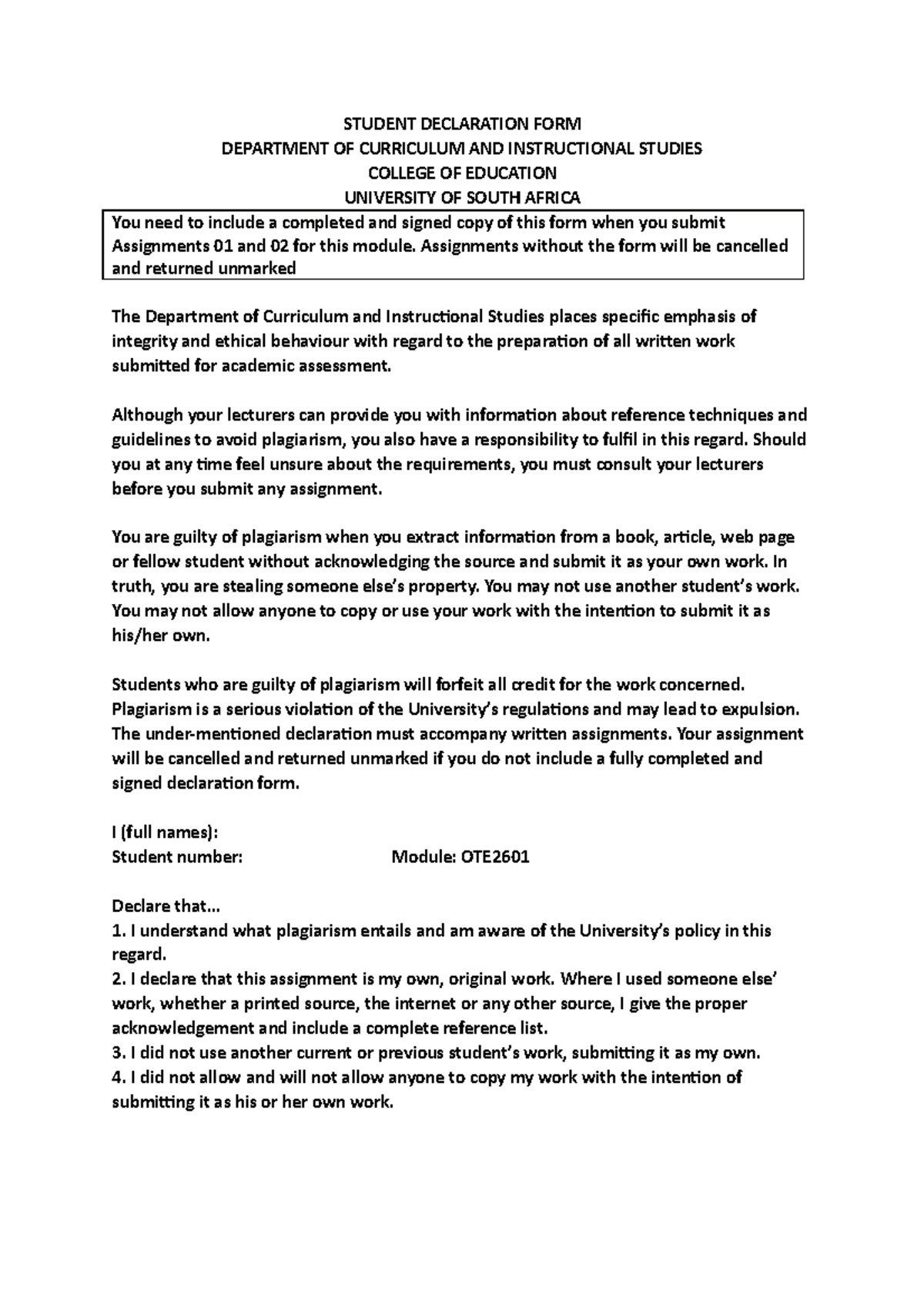 OTE 2601 Assignment DEPARTMENT OF CURRICULUM AND INSTRUCTIONAL STUDIES - STUDENT DECLARATION ...